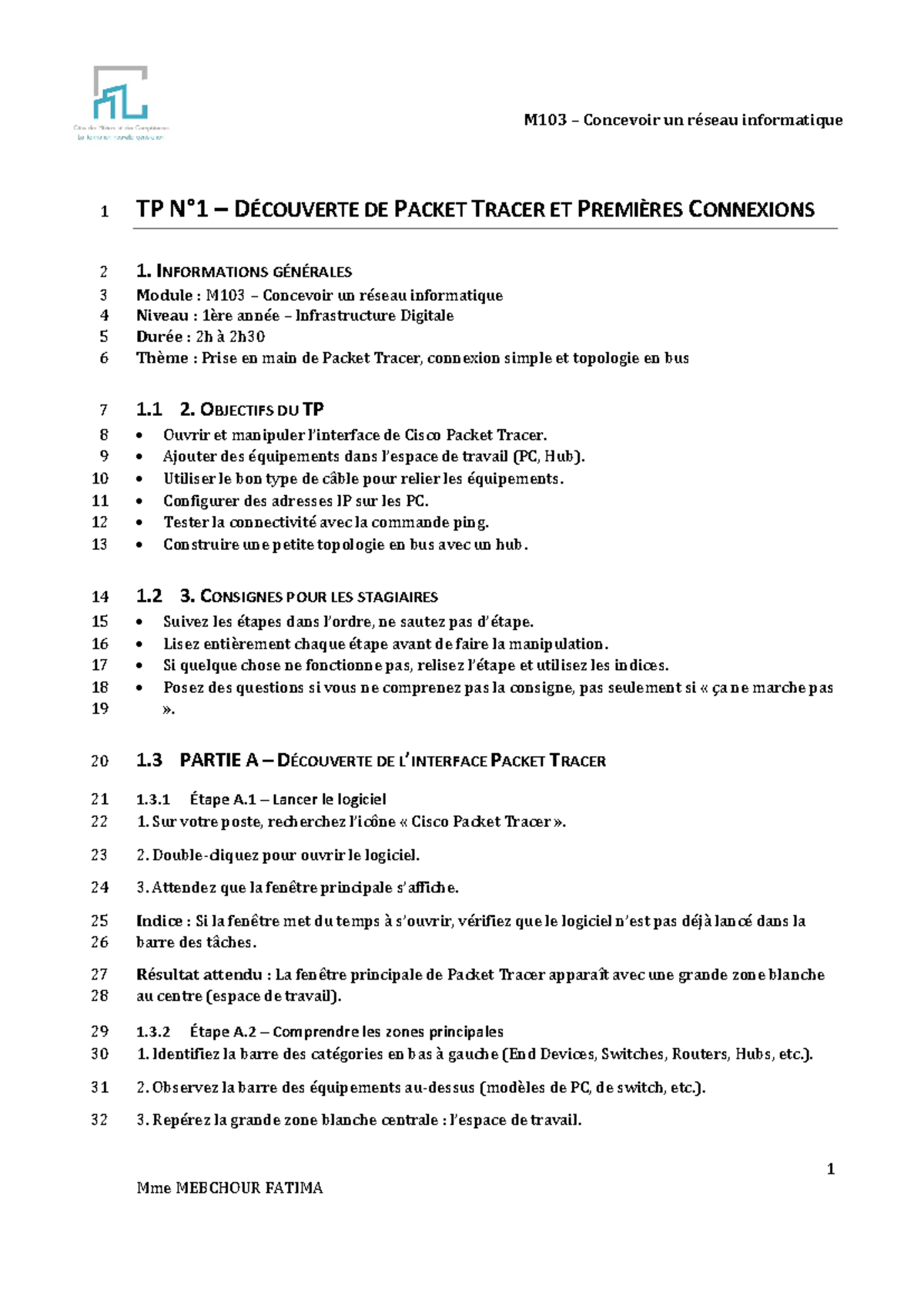 M103 TP: Découverte de Packet Tracer et Connexions Simples - Studocu