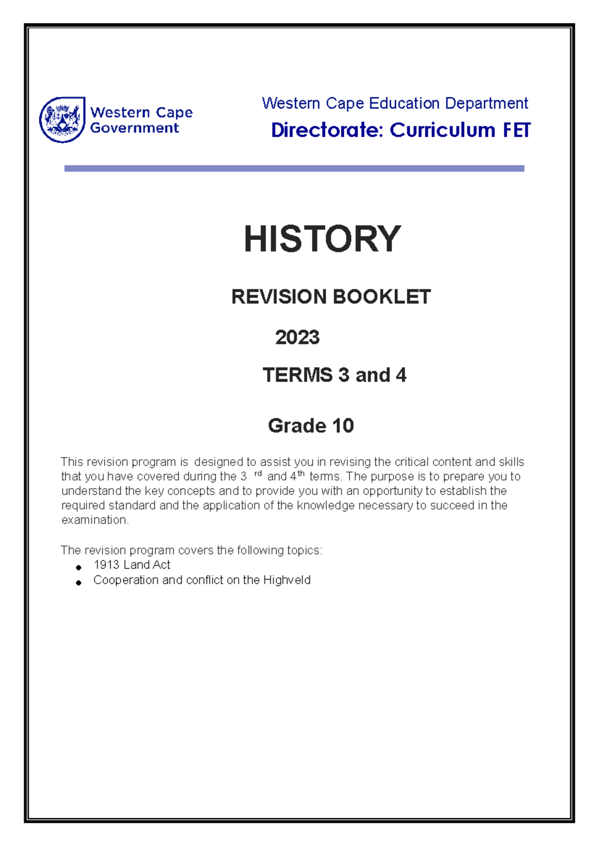 Revision Booklet for History Grade 10: Terms 3 & 4 2023 - Studocu
