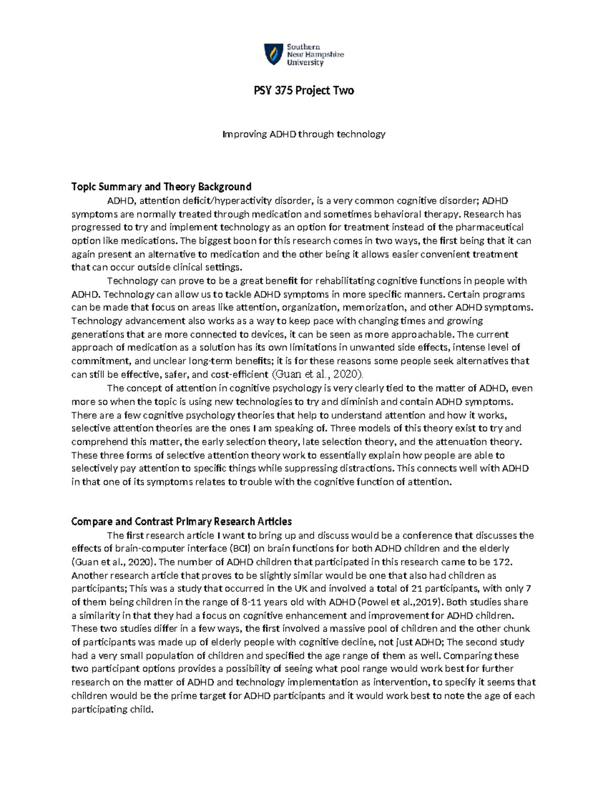 PSY 375 Project Two: Enhancing ADHD Treatment with Technology - Studocu