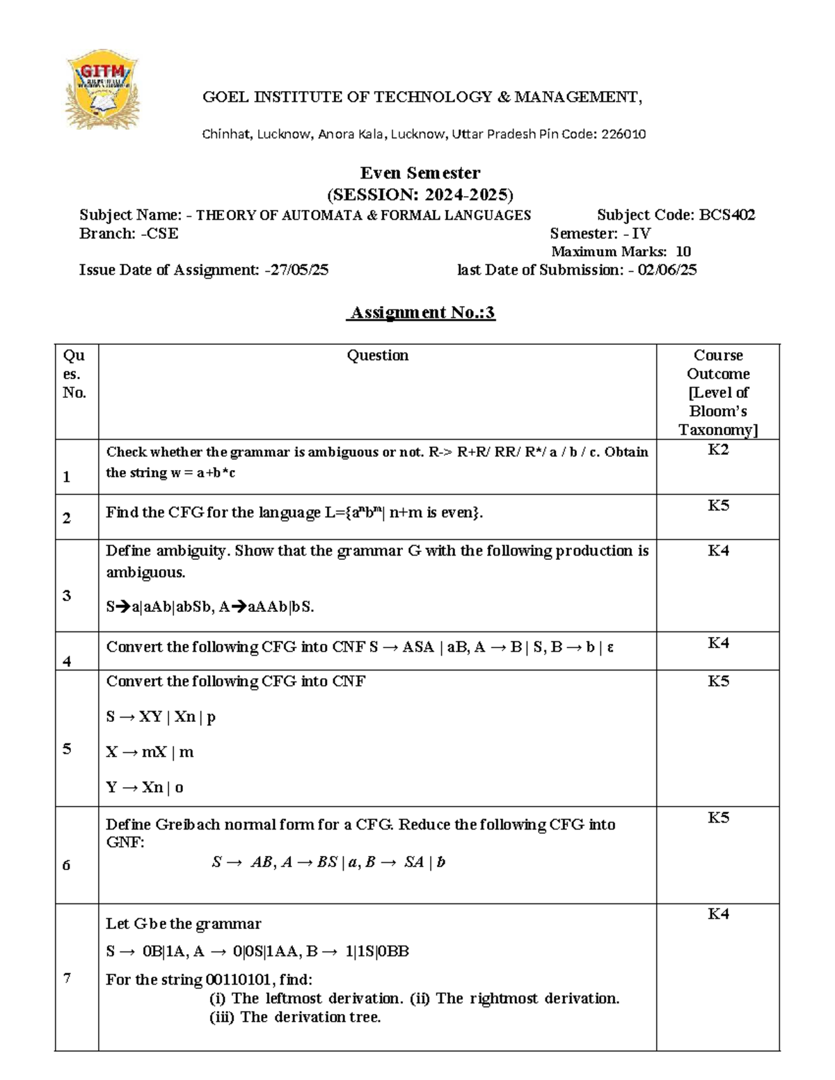 BCS402 TAFL Assignment 3 - Grammar Ambiguity & CNF Conversion - Studocu