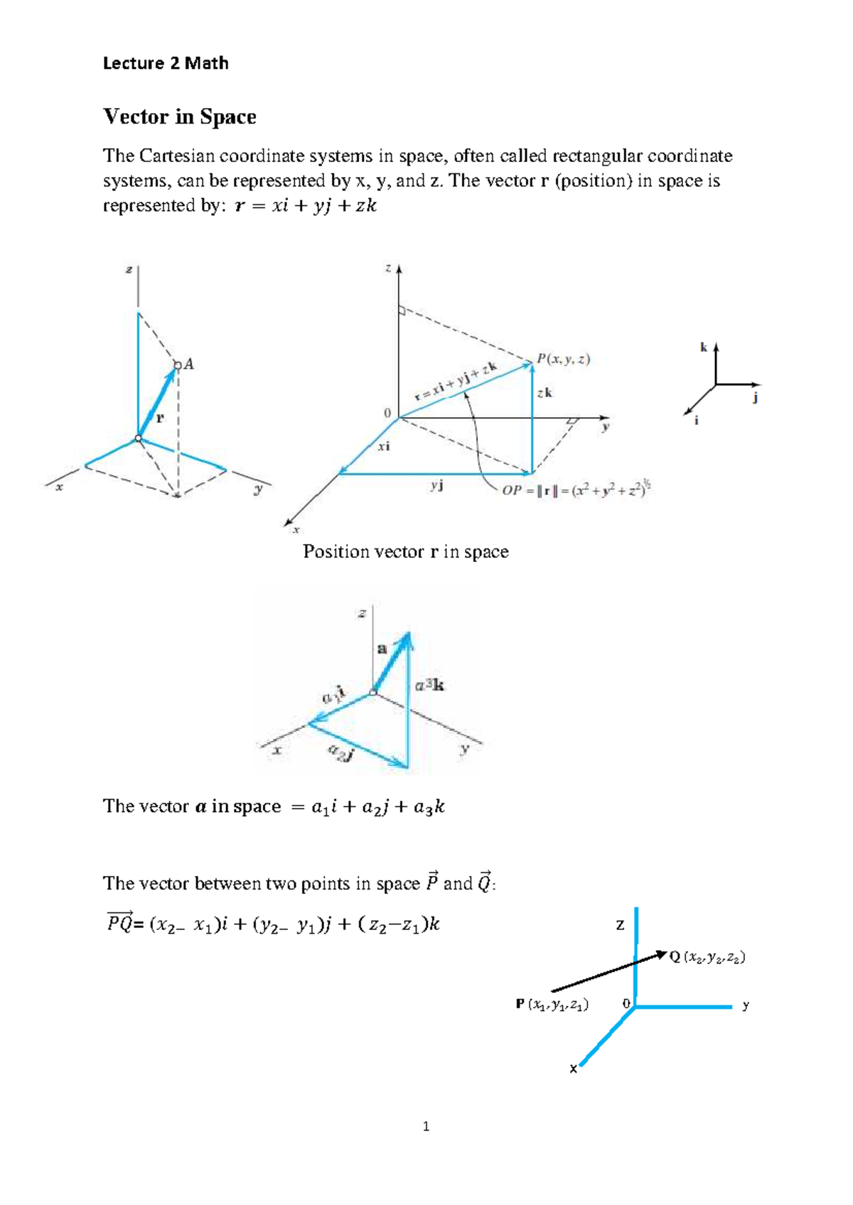 Lecture 2 Math: Vectors in Space and Cartesian Coordinates - Studocu