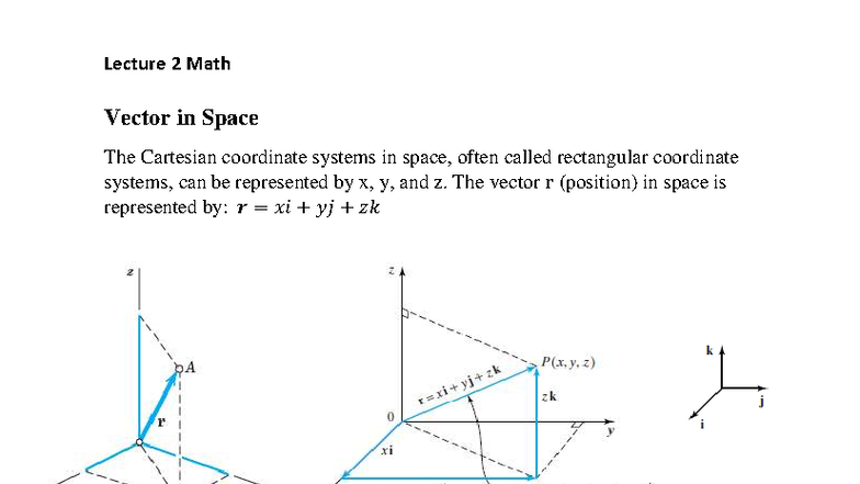 Lecture 2 Math: Vectors in Space and Cartesian Coordinates - Studocu