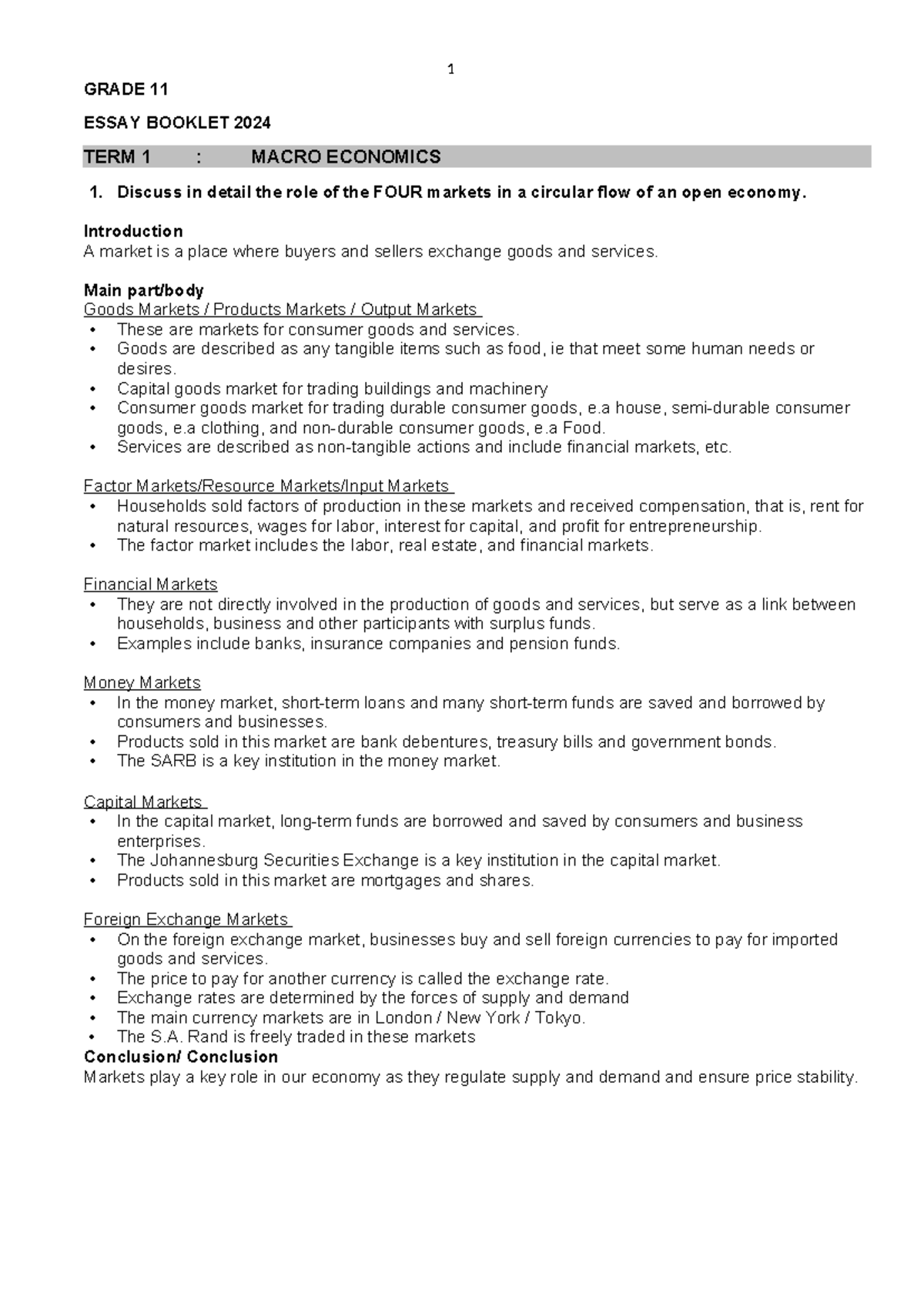 Grade 11 Essay Booklet 2024 Term 1: Macro Economics Insights - Studocu