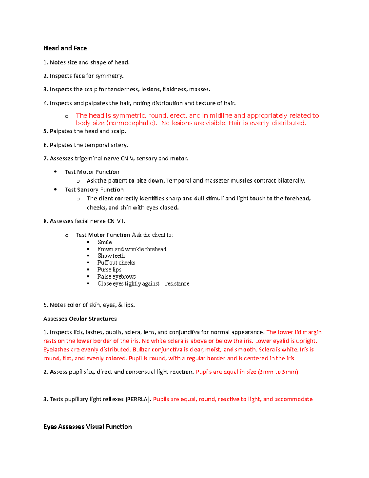 HEENT Script Test Assessment - Head and Face Notes size and shape of ...