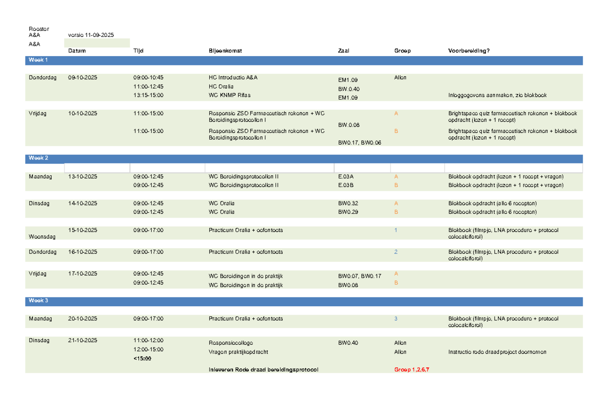 Rooster AA Brightspace v1 - Farmaceutisch Rekenen en Practica - Studeersnel