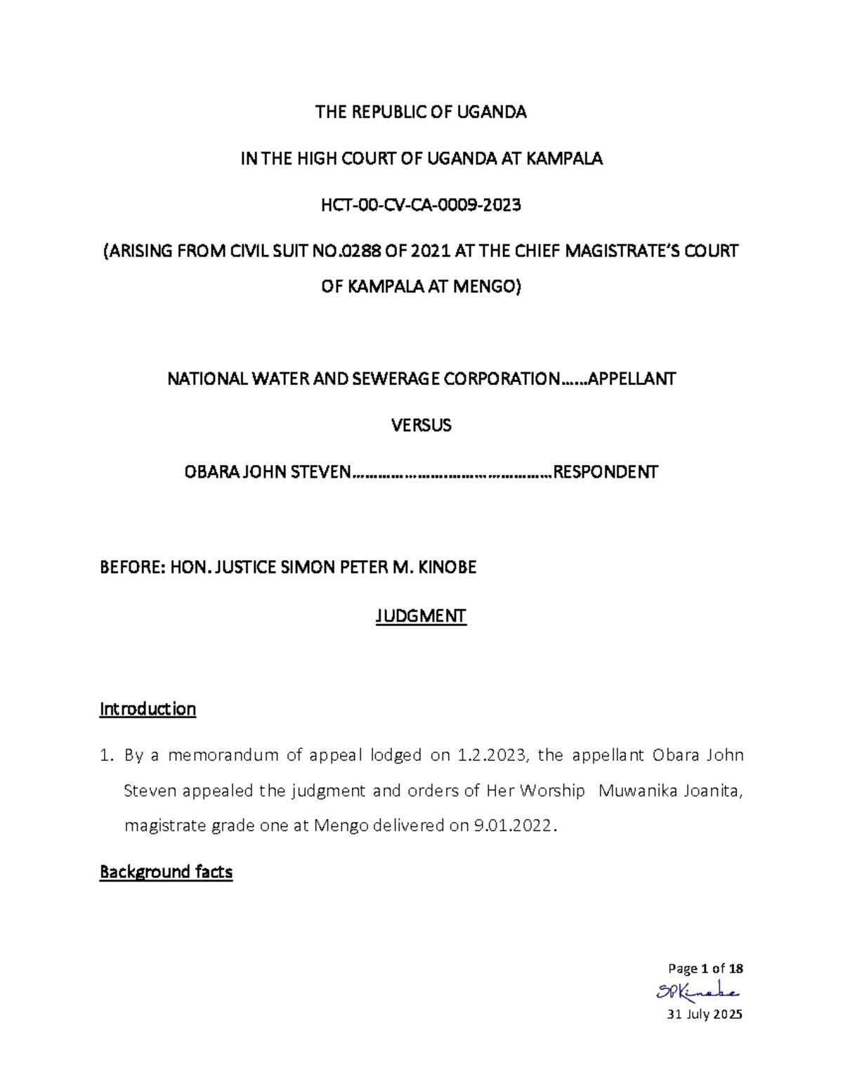 National Water & Sewerage Corp v Obara John Steven: Judgment Analysis ...