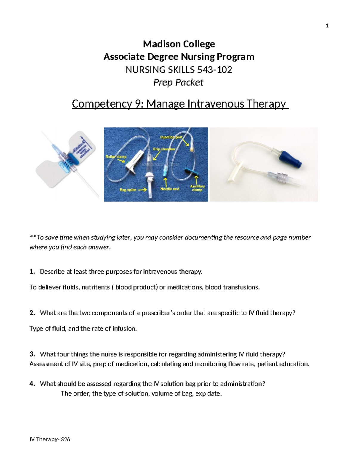NURSING SKILLS IV Therapy Prep Packet for Competency 9: S26 - Studocu