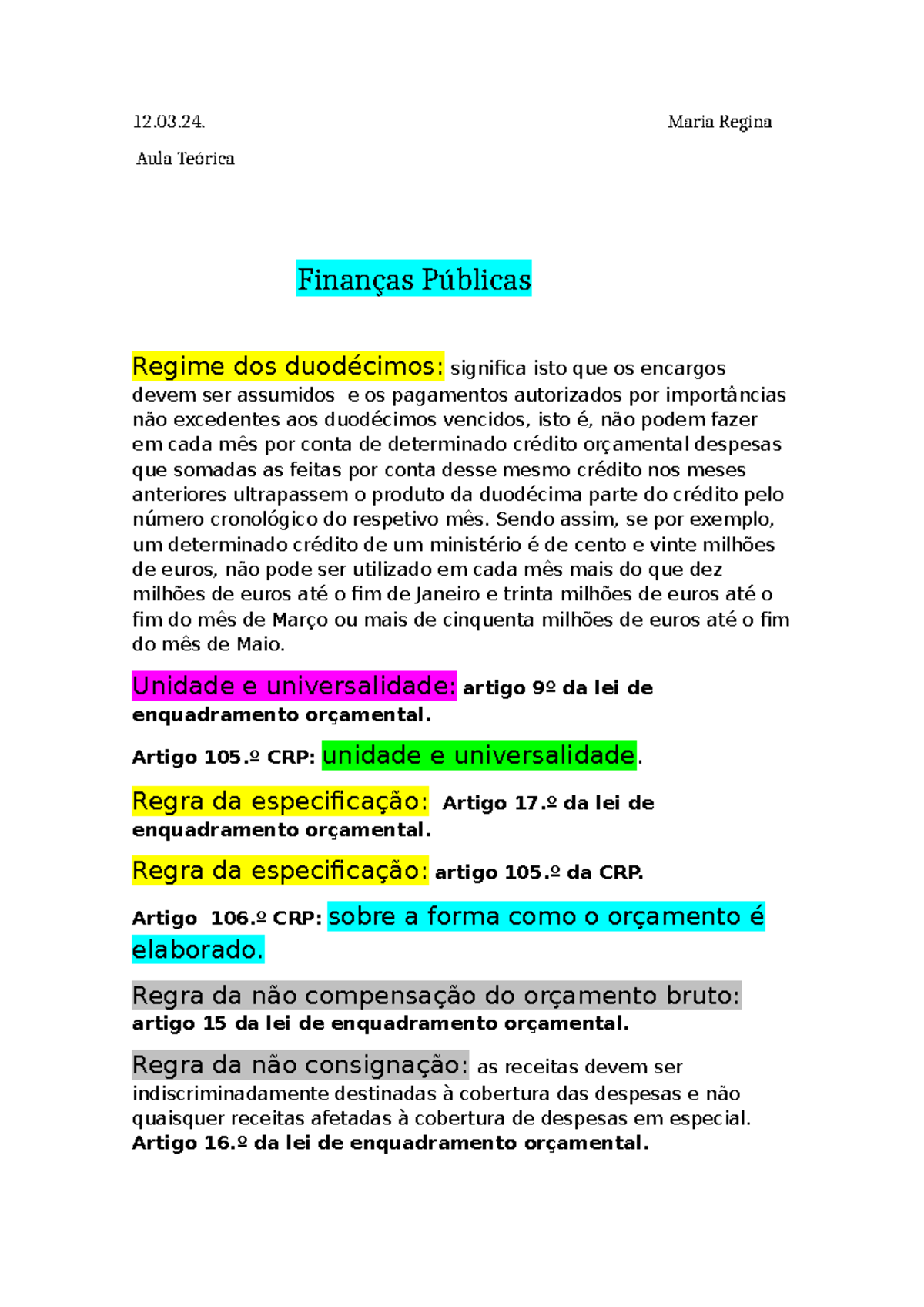 Aula Teórica 12.03.24: Finanças Públicas e Regime dos Duodécimos - Studocu