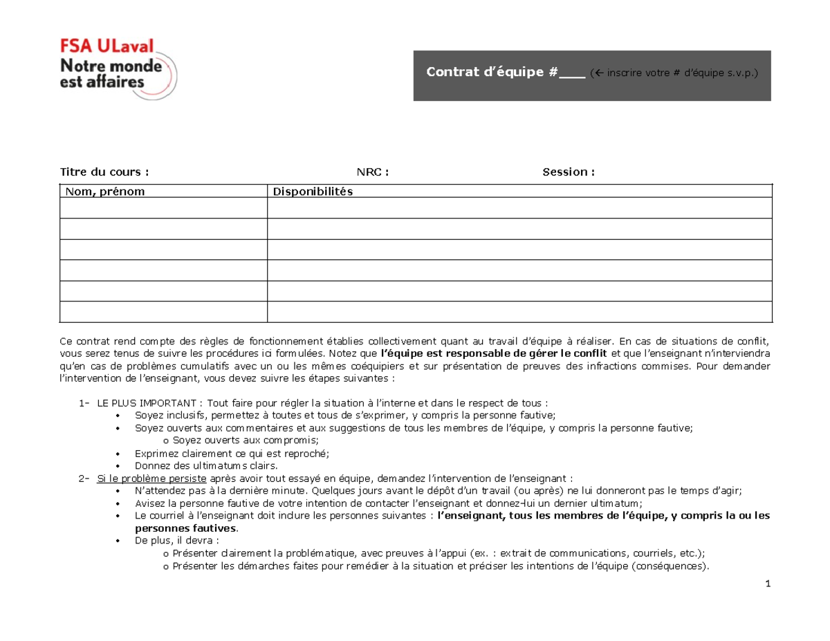 Déclaration d'engagement au travail d'équipe (Contrat d'équipe) - Studocu