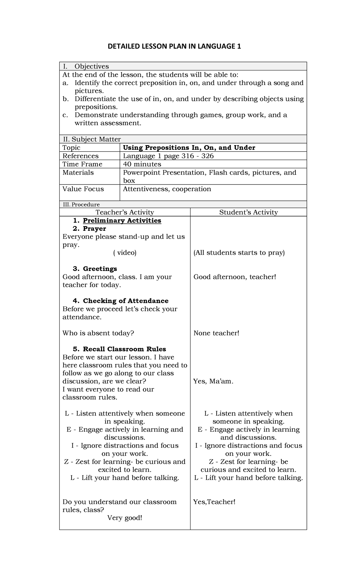 Detailed Lesson Plan in Language 1: Using Prepositions (In, On, Under ...