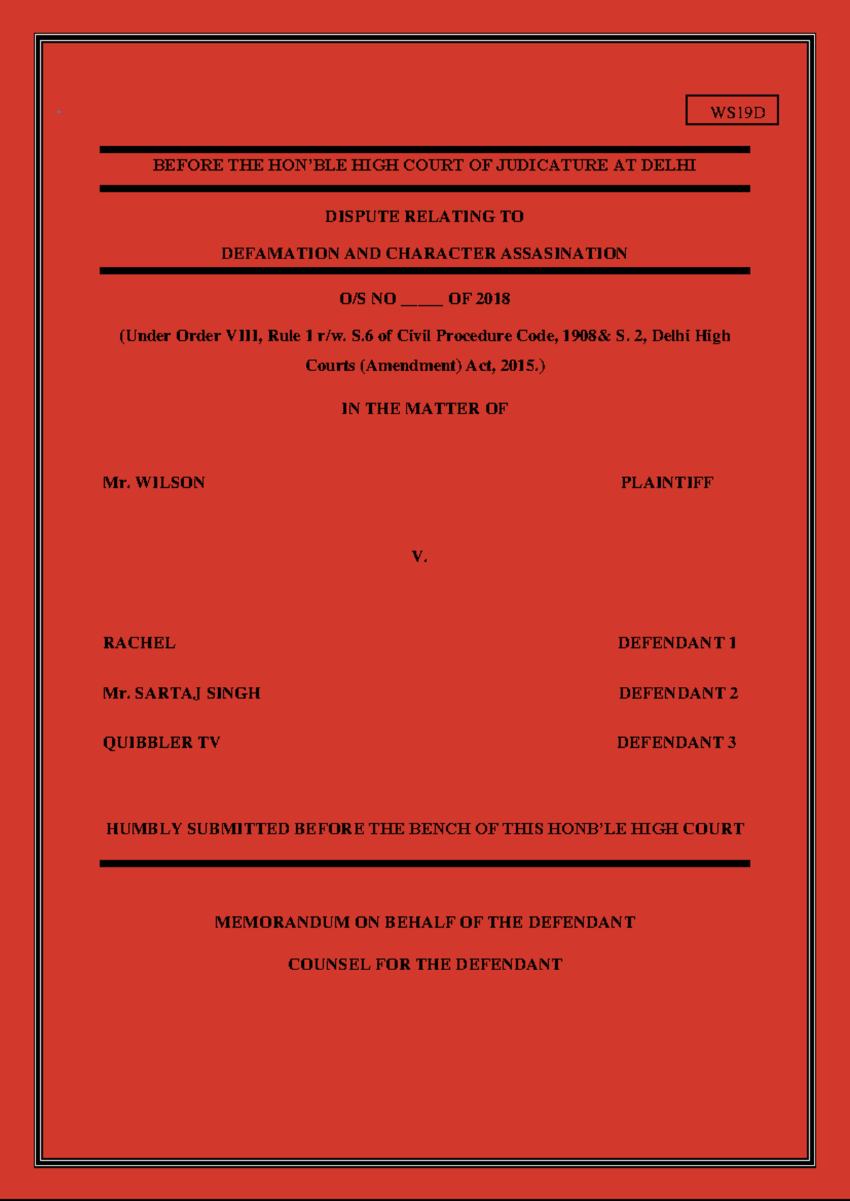 Sample Memo for Defendants: Tort Law Moot Court WS19D - Studocu