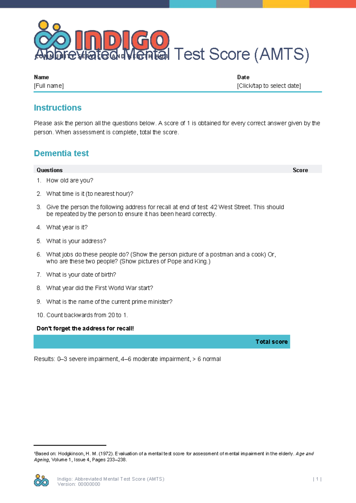Abbreviated Mental Test Score (AMTS) Assessment Guide - Studocu