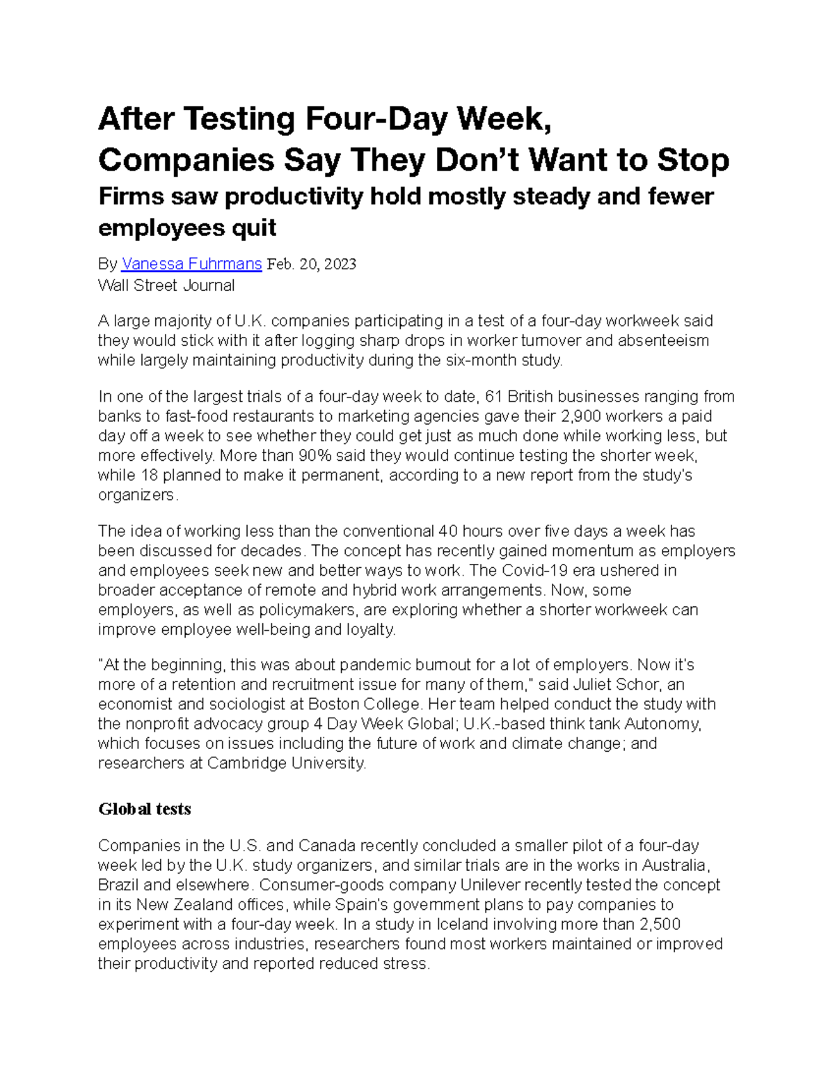 WSJ: Four Day Work Week Study Insights and Company Responses - Studocu