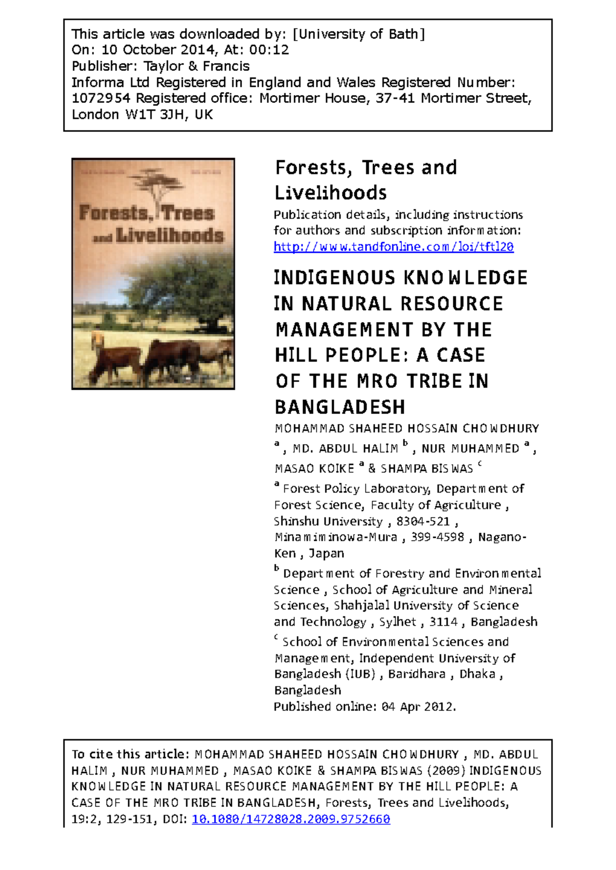 Indigenous Knowledge in Natural Resource Mgmt: Mro Tribe Case Study ...