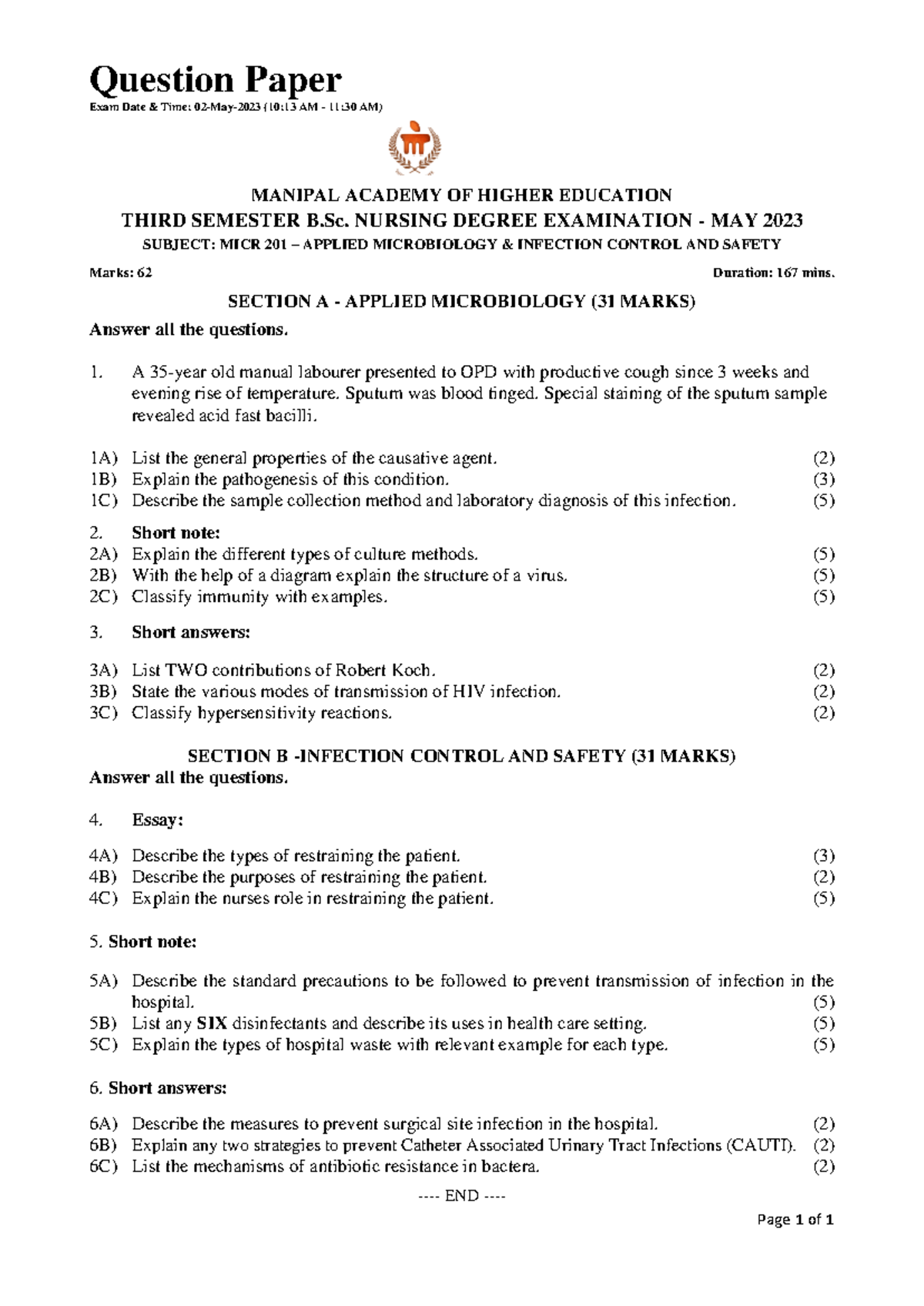 MICR 201 - Applied Microbiology & Infection Control Exam Paper May 2023 ...