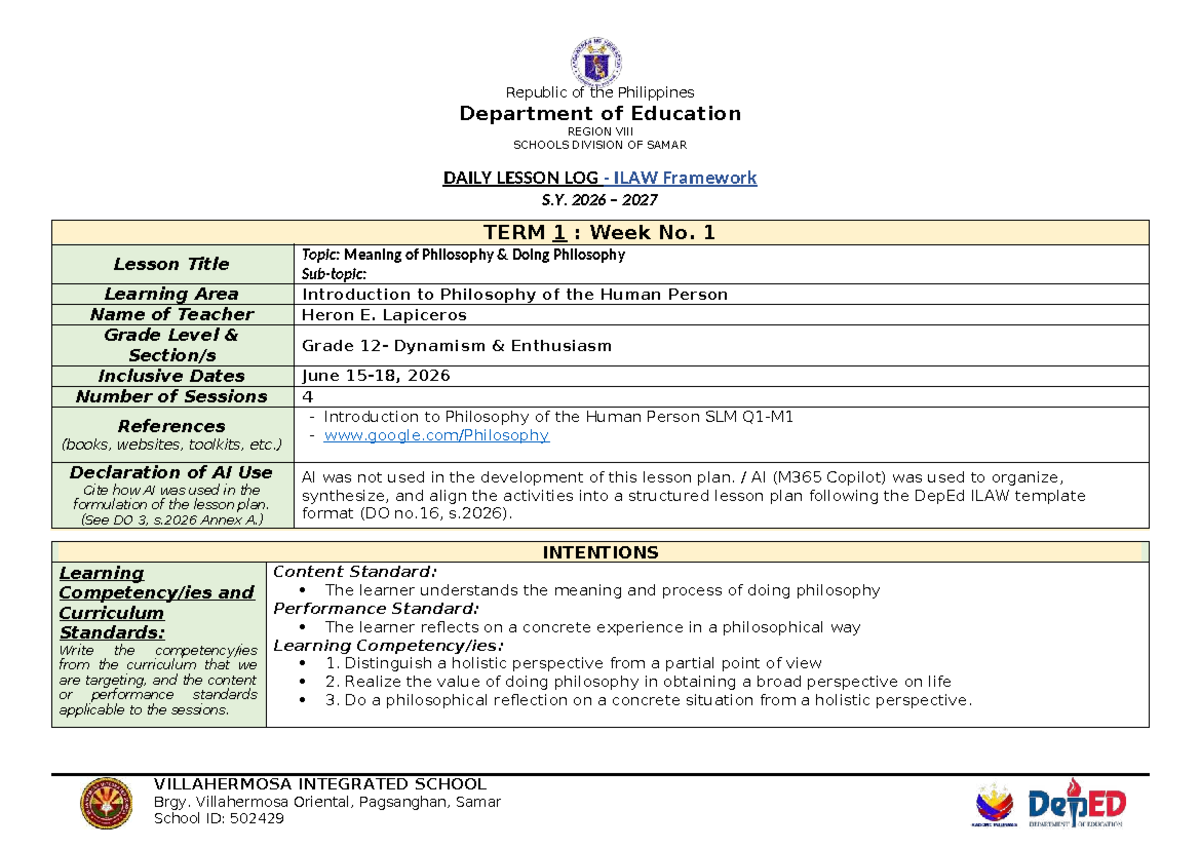 VIS- Daily Lesson Log - ILAW Framework: Intro to Philosophy T1 W1 - Studocu