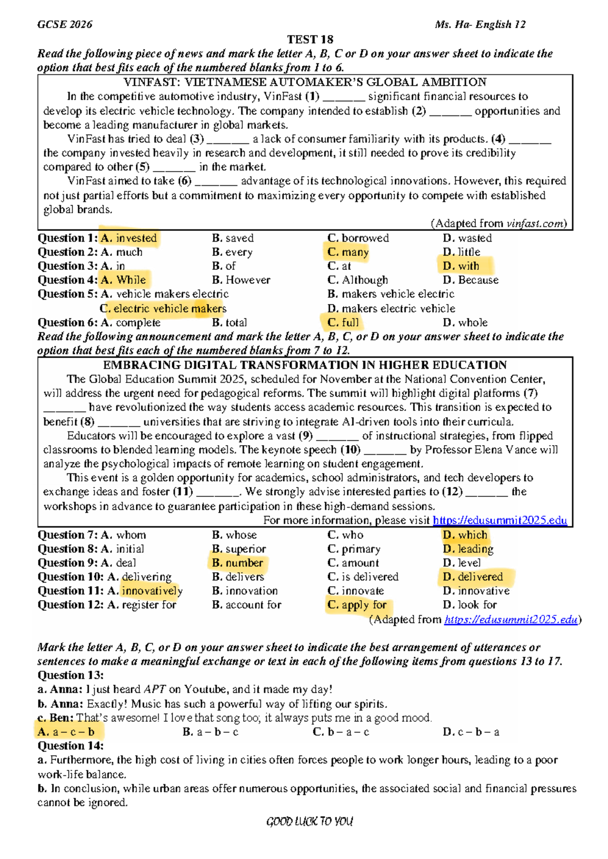 GCSE 2026 Ms. English 12 Test 18: Reading Comprehension & Analysis ...