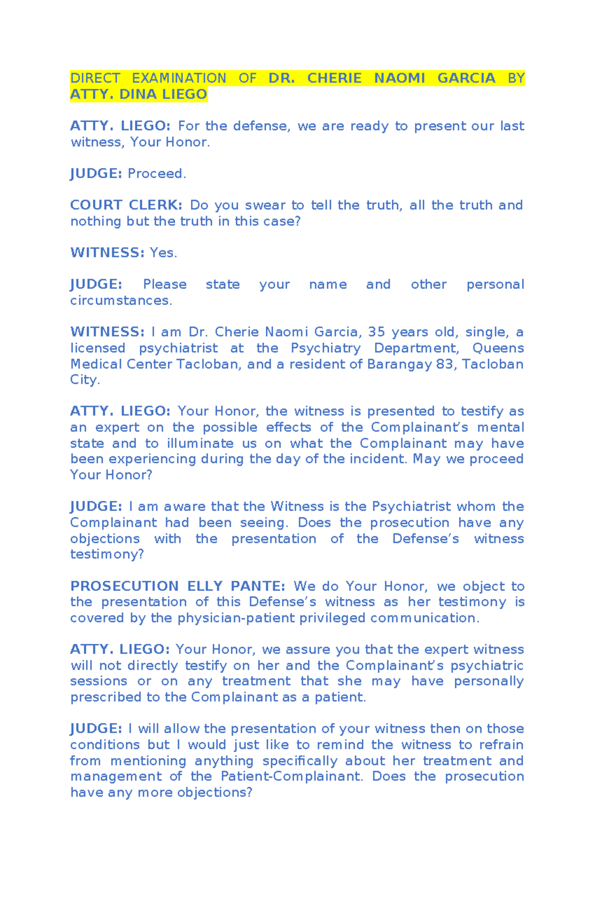 Direct Examination of Dr. Cherie Garcia - Medical Jurisprudence Exam ...