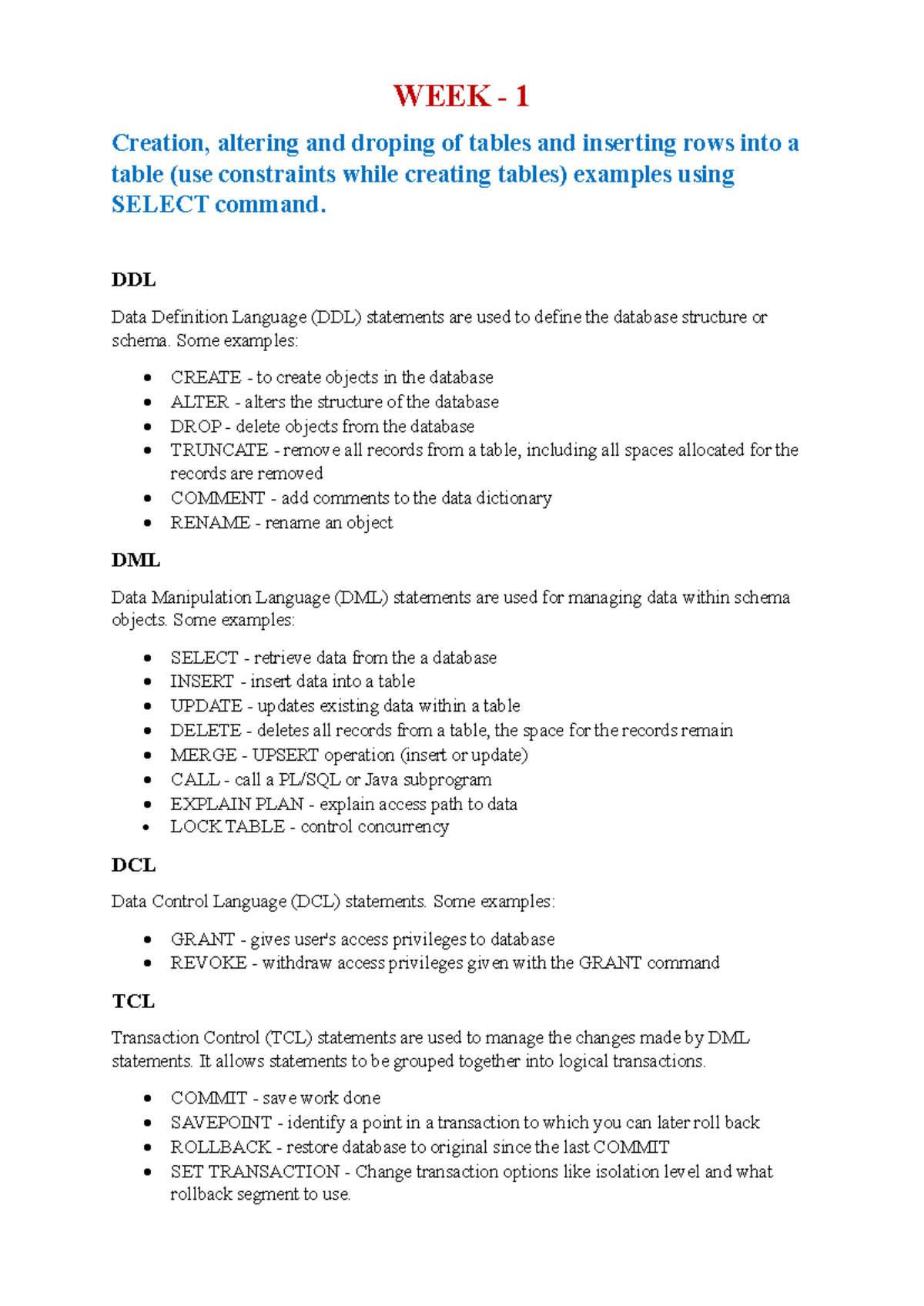 DBMS LAB WEEK 1: DDL & DML Commands Overview and Examples - Studocu