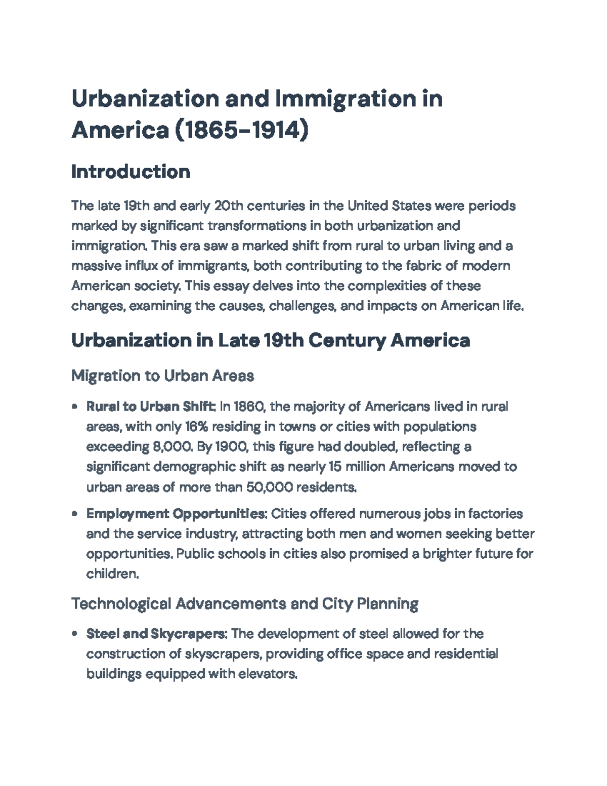 Urbanization and Immigration in America: 1865-1914 Analysis Essay ...