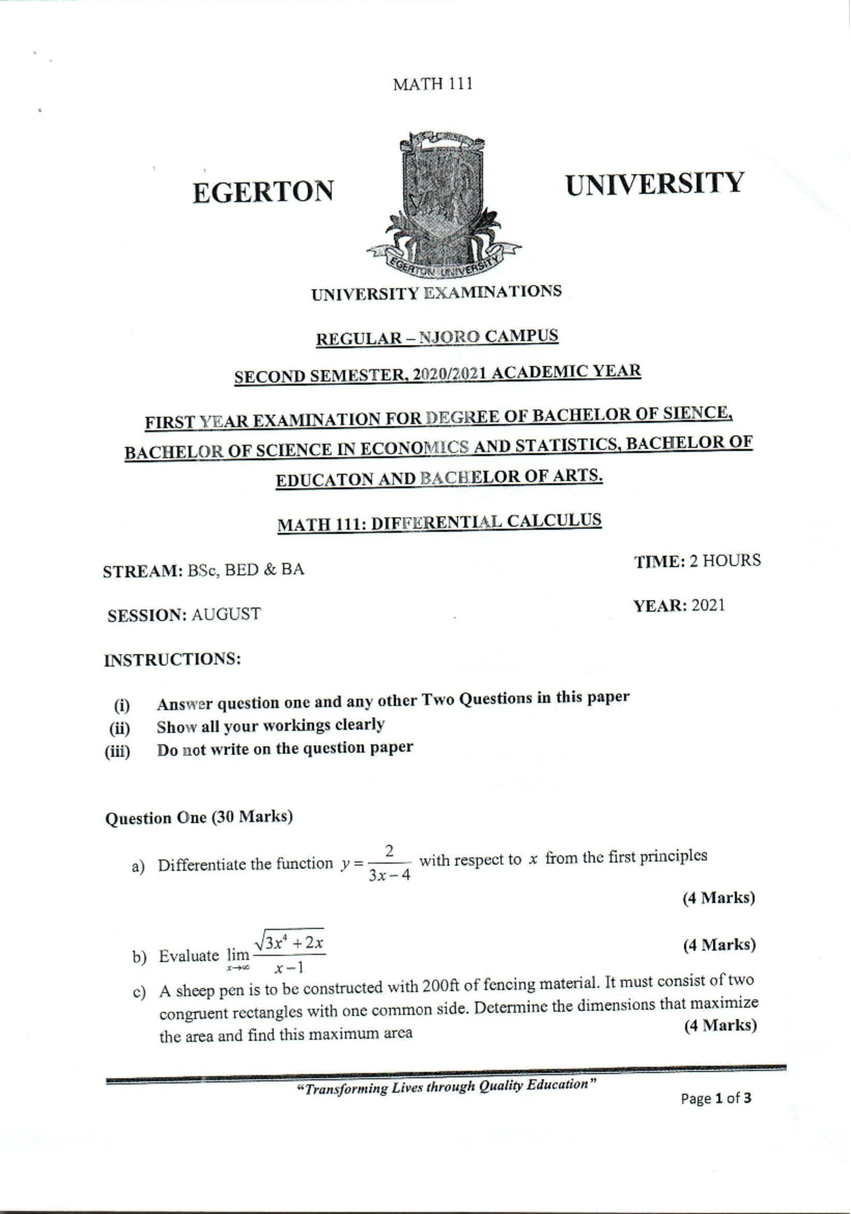 MATH 111 Final Exam: Differential Calculus Questions - August 2021 ...