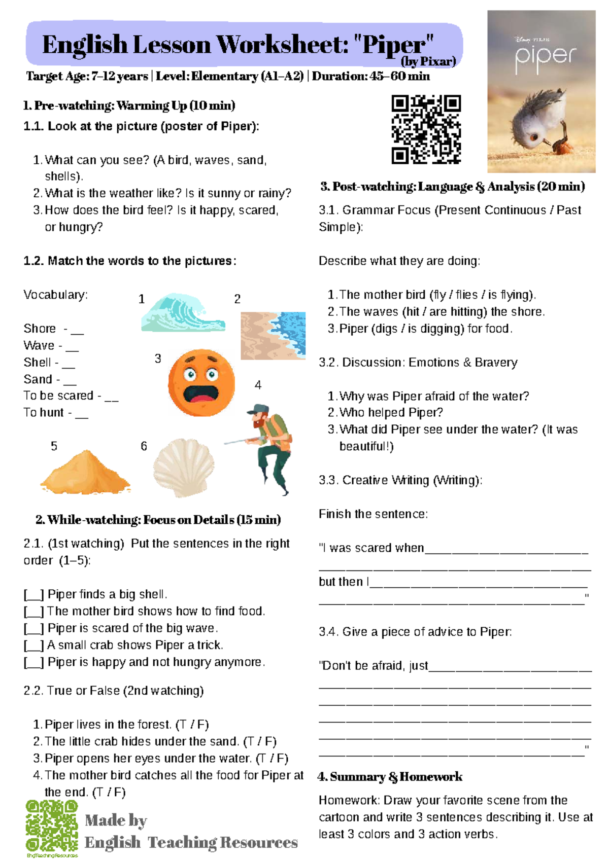 English Lesson Worksheet: Pixar's Piper for Ages 7-12 - Studocu