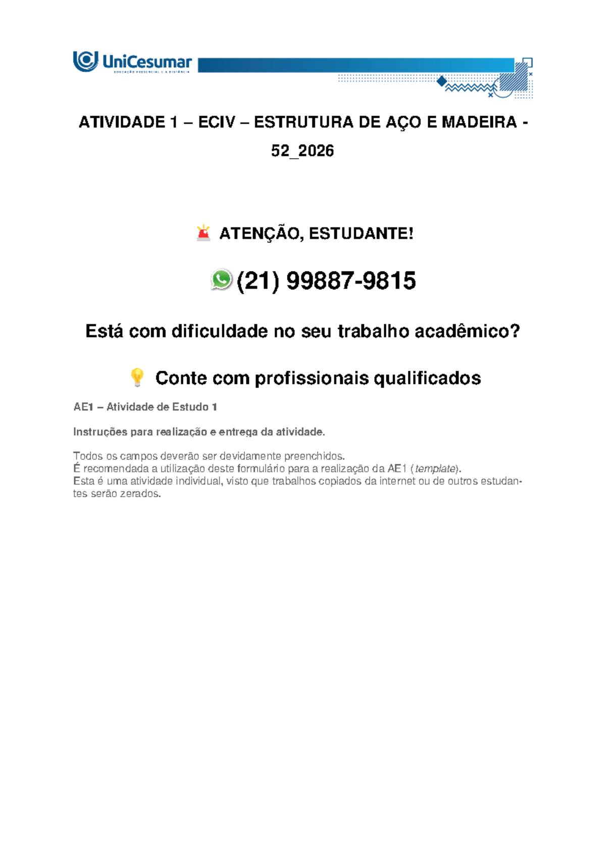 ATIVIDADE 1 ECIV: Estrutura de Aço e Madeira - Instruções e Orientações ...