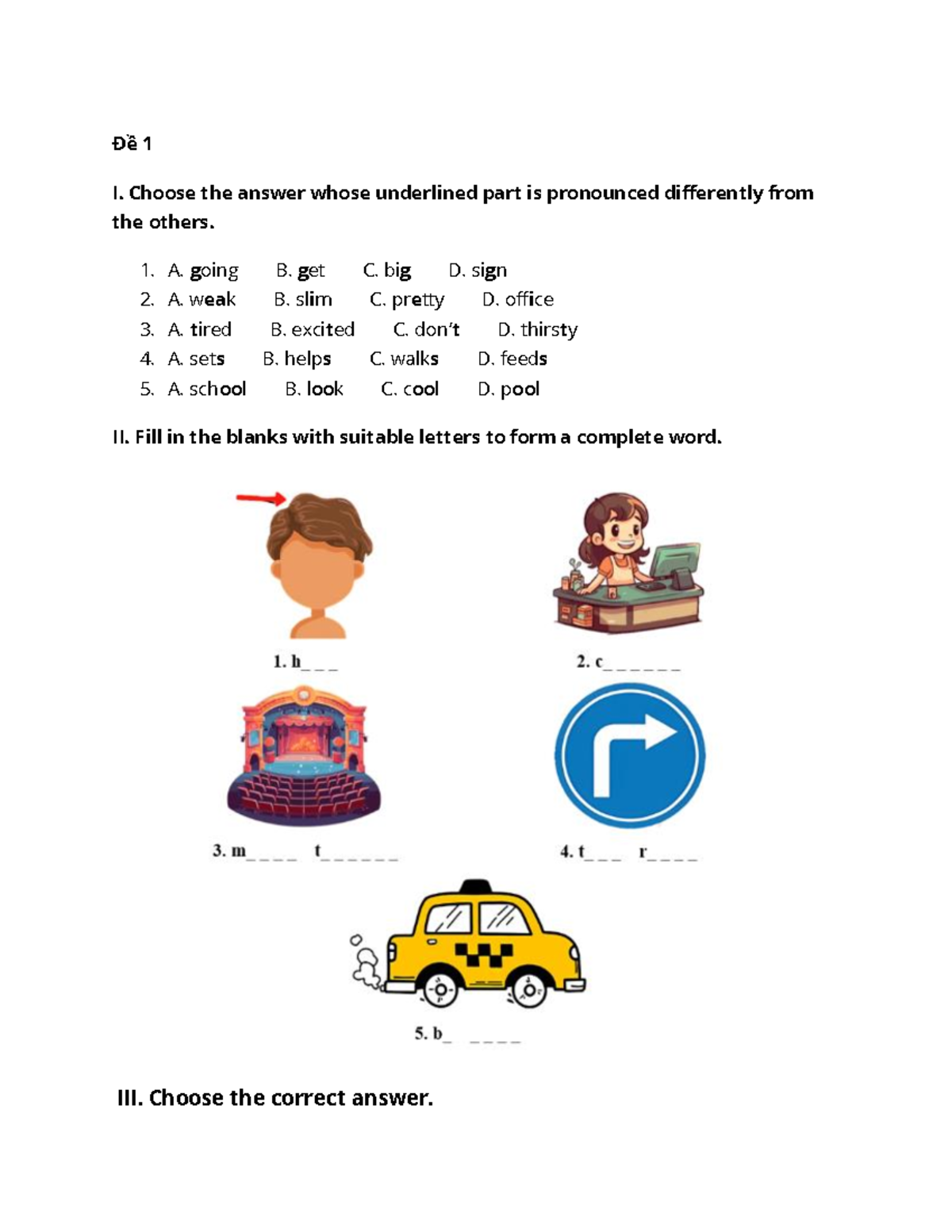 Đề 1: Pronunciation & Vocabulary Exercises for Grade 4 Students - Studocu
