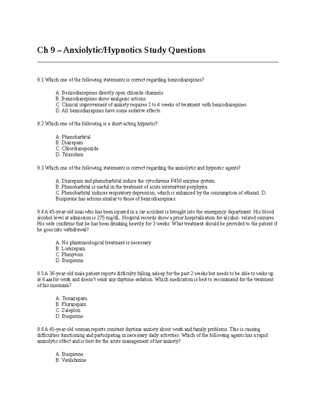 N550 Ch 9 Study Questions on Anxiolytic and Hypnotic Agents - Studocu