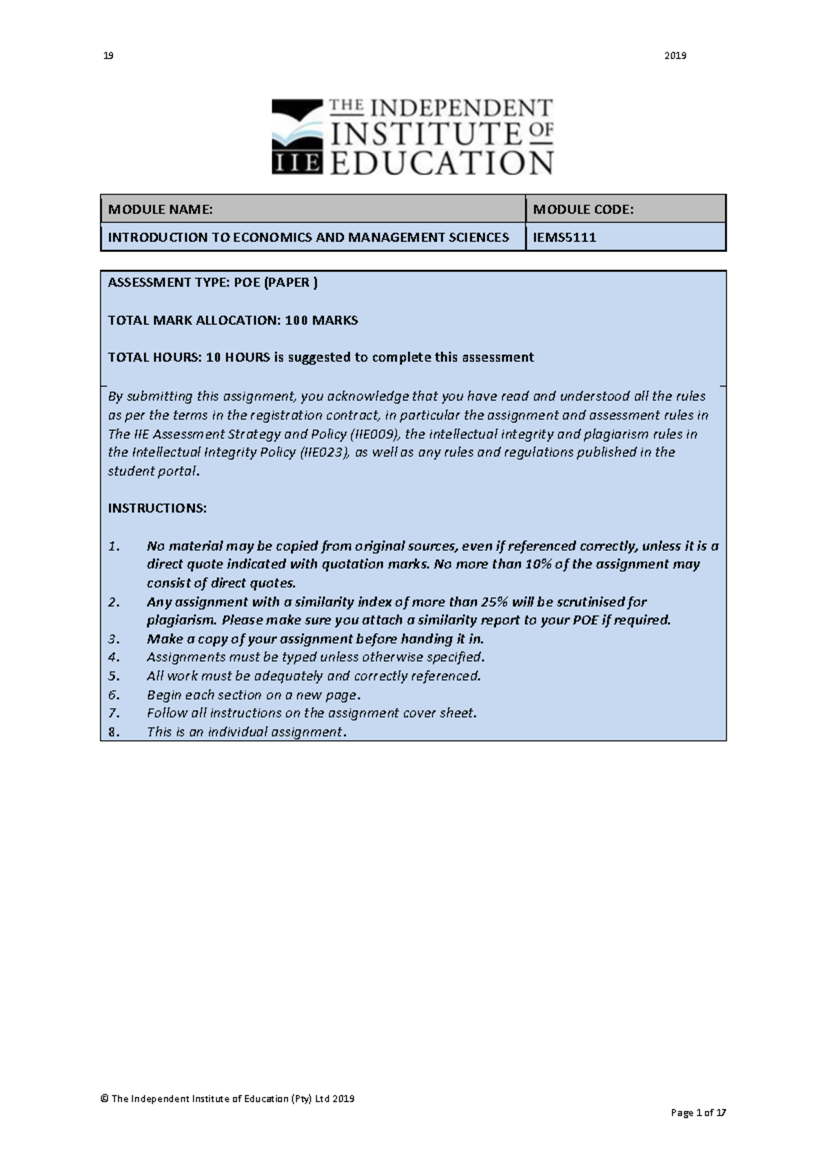 POE introduction to Economic Management Sciences IEMS5111 - MODULE NAME ...