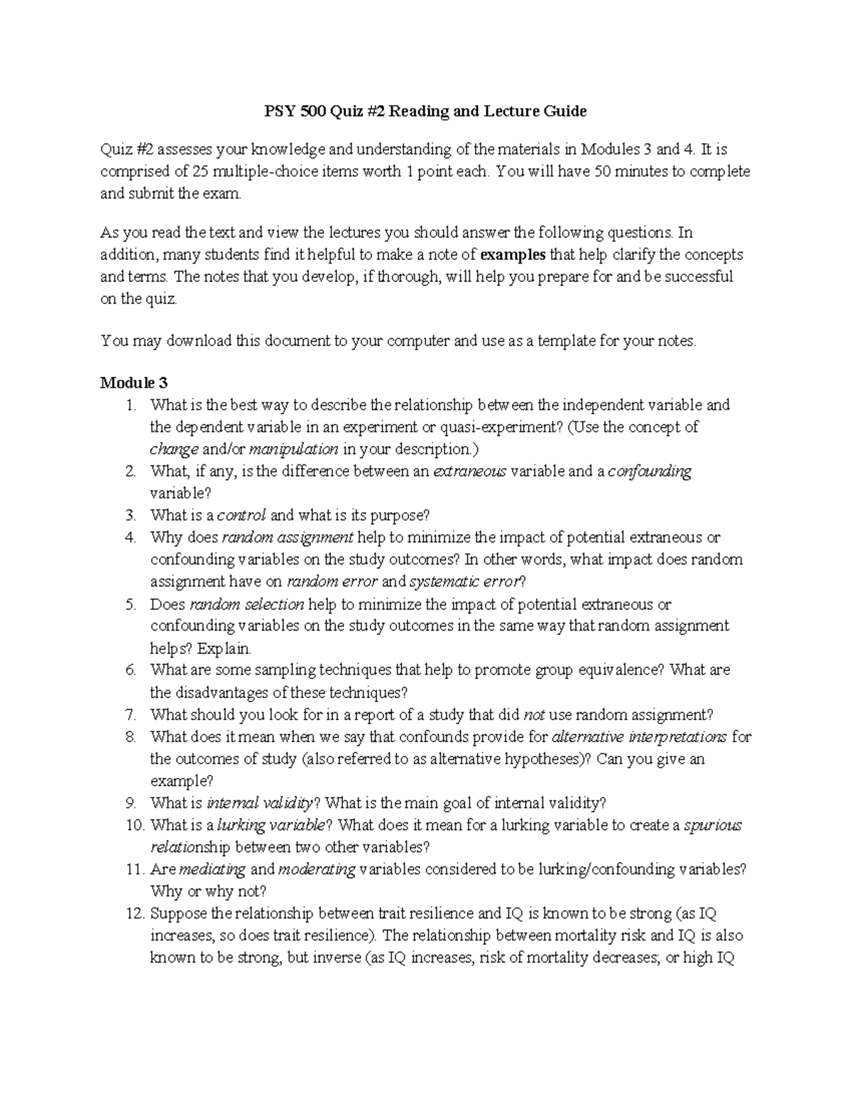 PSY 500 Quiz 2 Reading & Lecture Guide for Modules 3 & 4 - Studocu