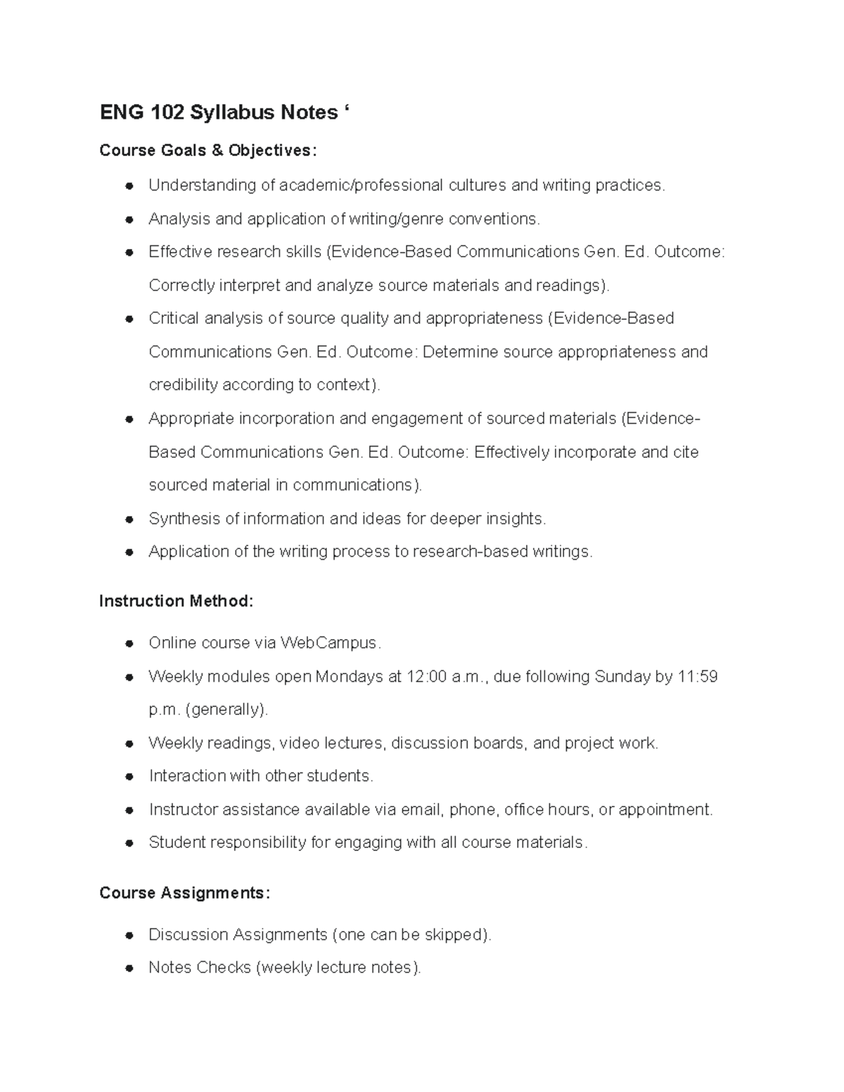 English Notes 1 - ENG 102 Syllabus Notes ‘ Course Goals & Objectives ...