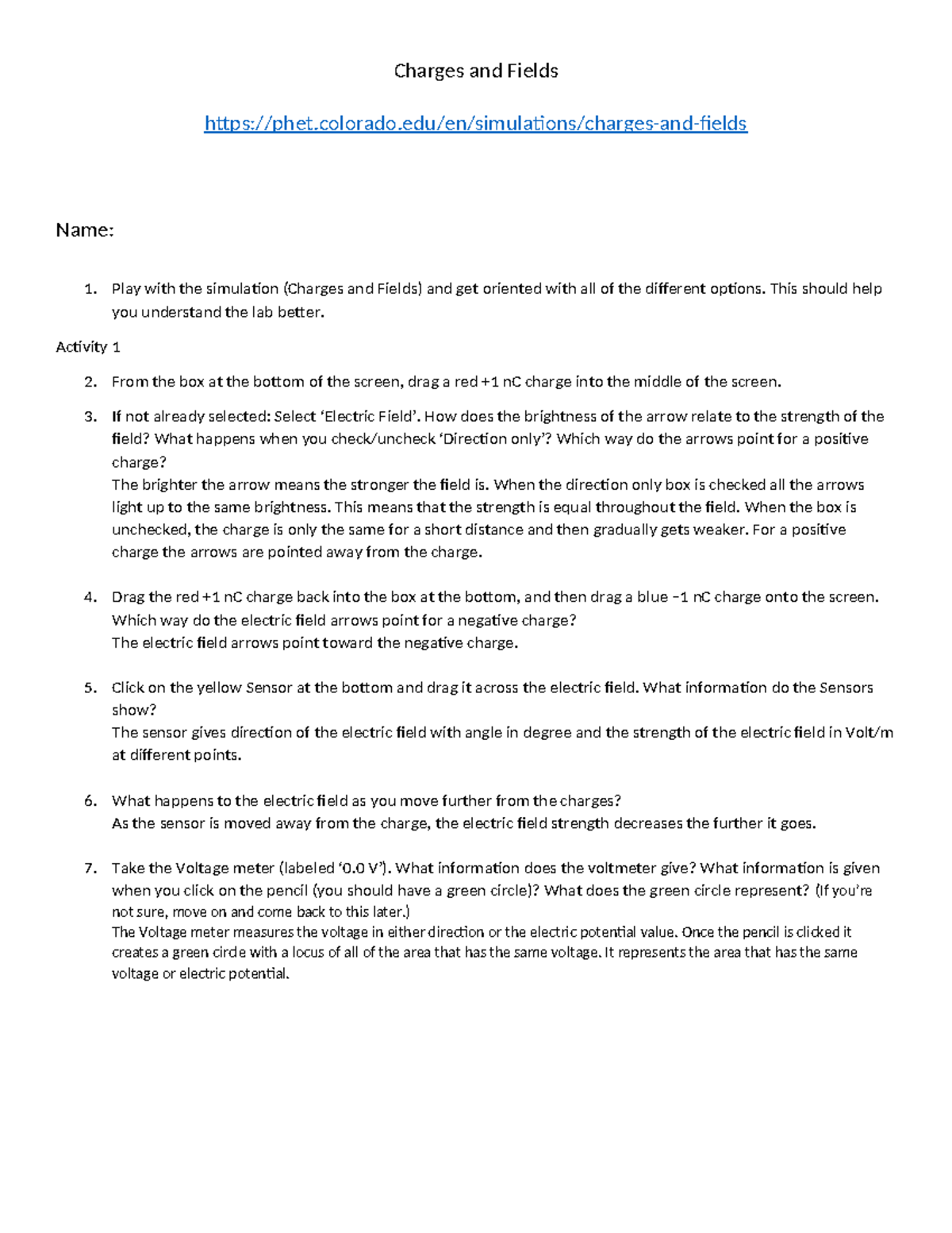 Charges and Fields Lab Activity Guide (PHET Simulation) - Studocu