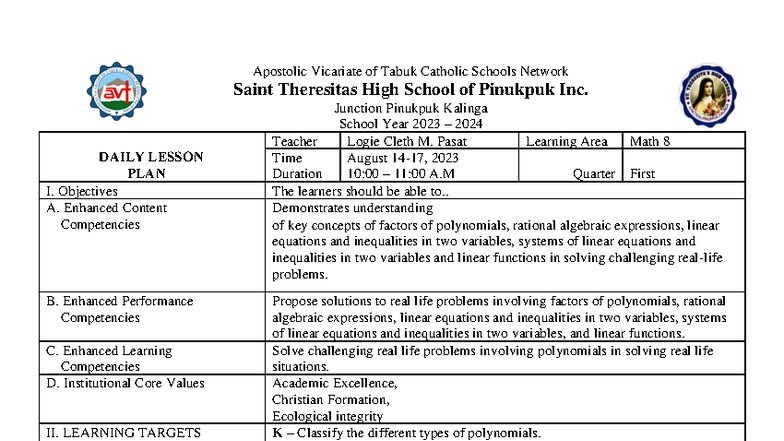 WEEK 1 DAILY LESSON PLAN - MATH 8: POLYNOMIALS & RATIONAL EXPRESSIONS ...