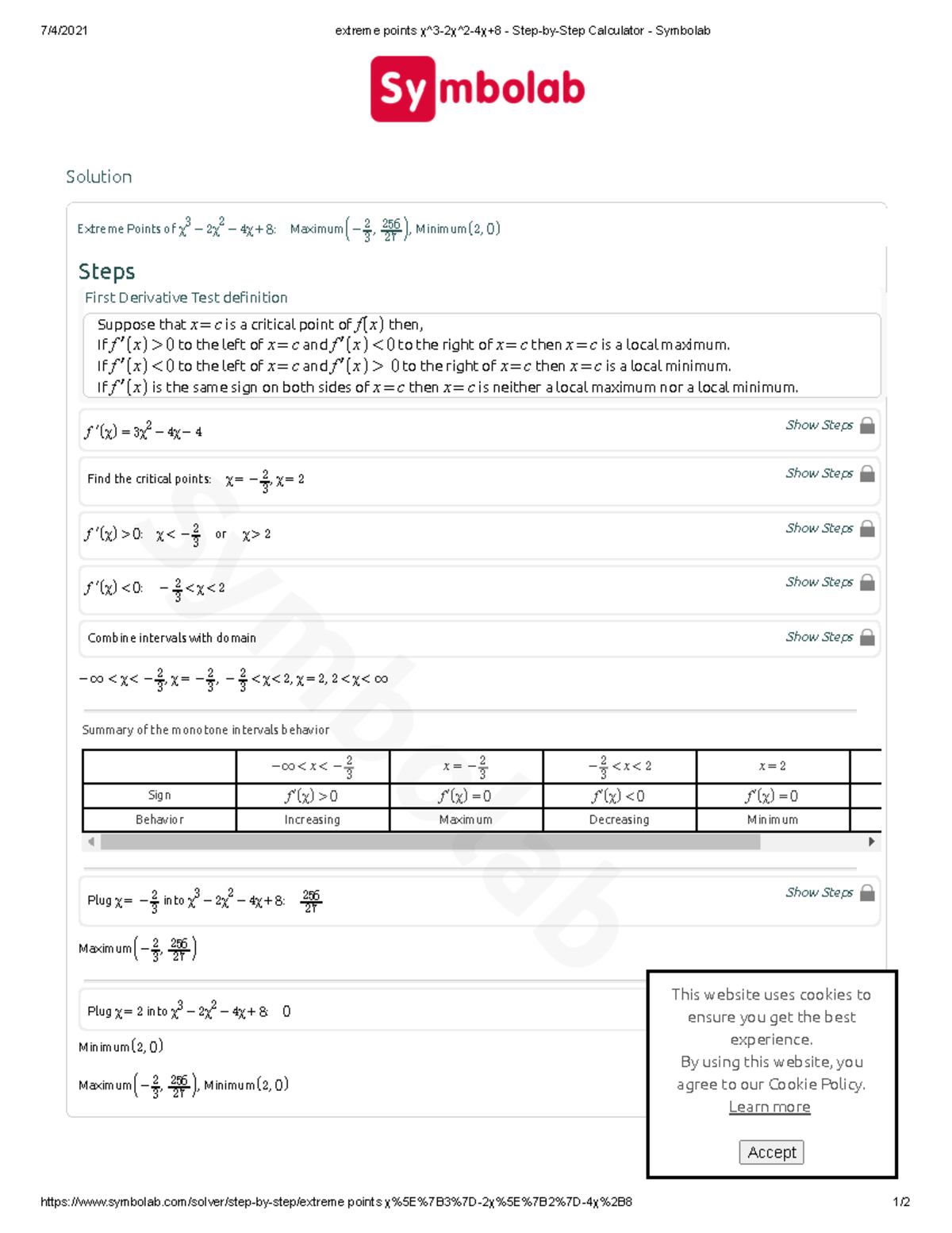 Extrenum point - MAT - 7/4/2021 extreme points χ^3-2χ^2-4χ+8 - Step-by ...
