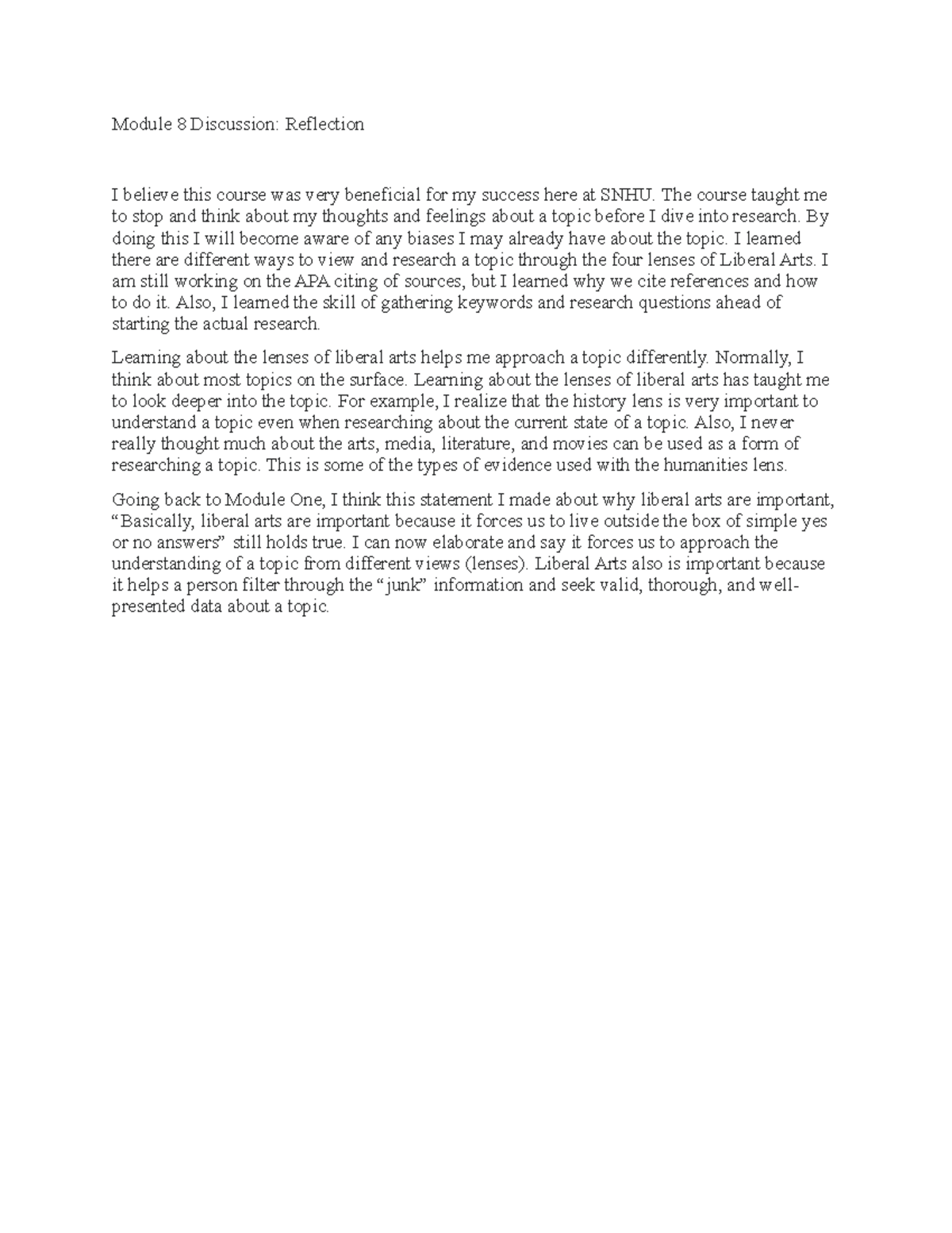 Module 8 Reflection: Insights on Liberal Arts and Research Skills - Studocu