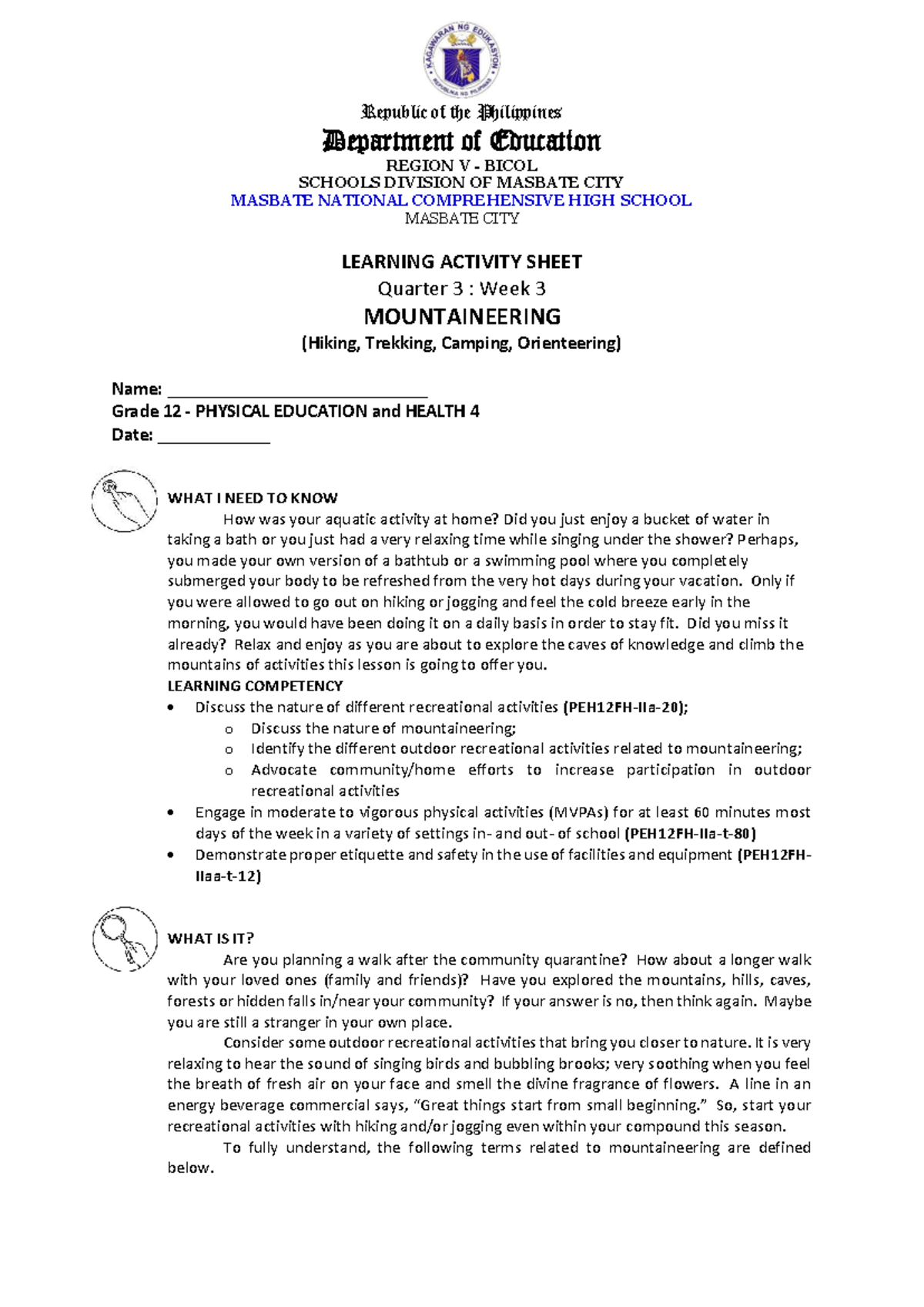 PE4 Learning Activity Sheet Q3: Exploring Mountaineering & Outdoor Fun - Studocu