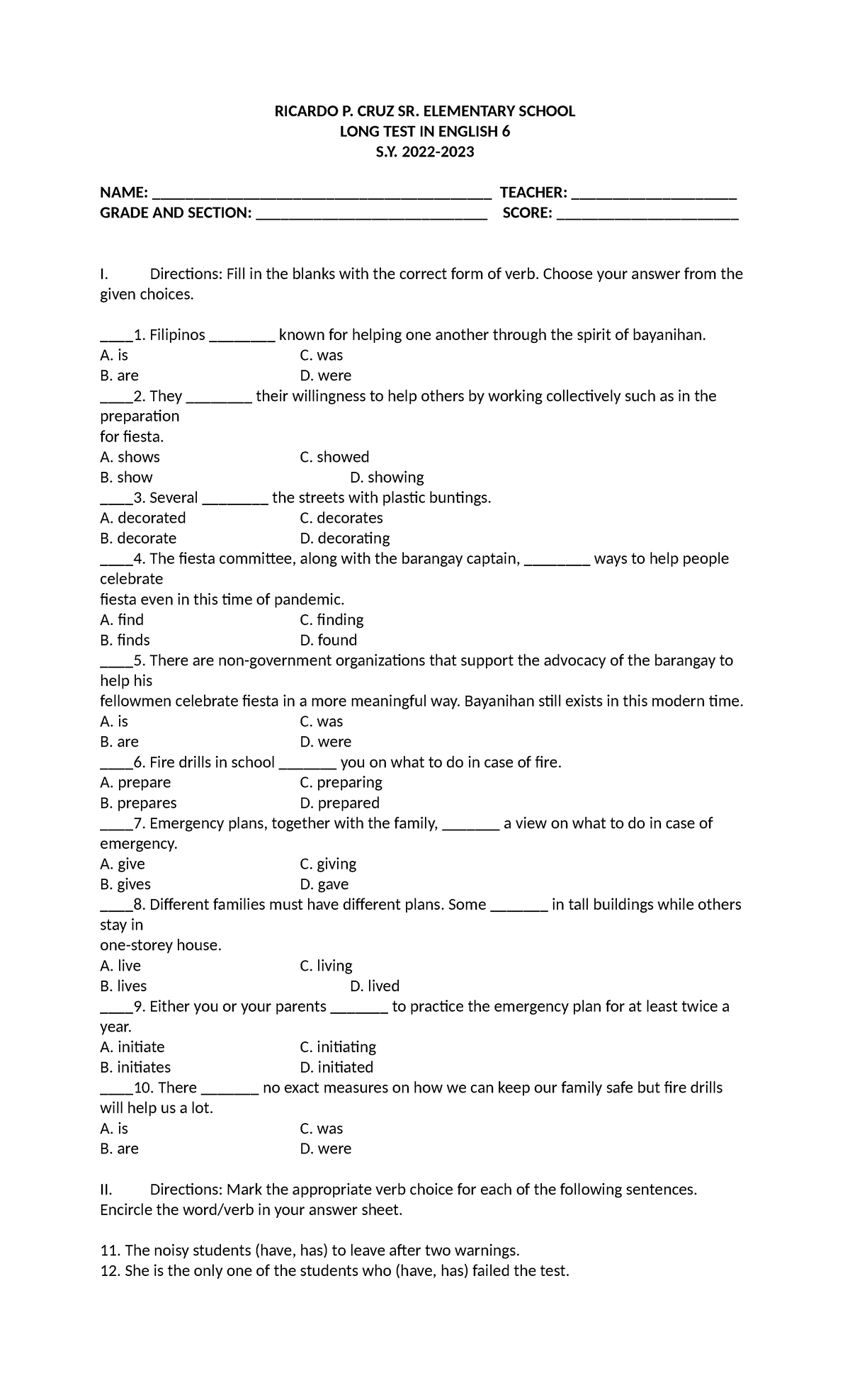 LONG TEST IN ENGLISH 6 S.Y. 2023: VERB FORMS & CONJUNCTIONS - Studocu