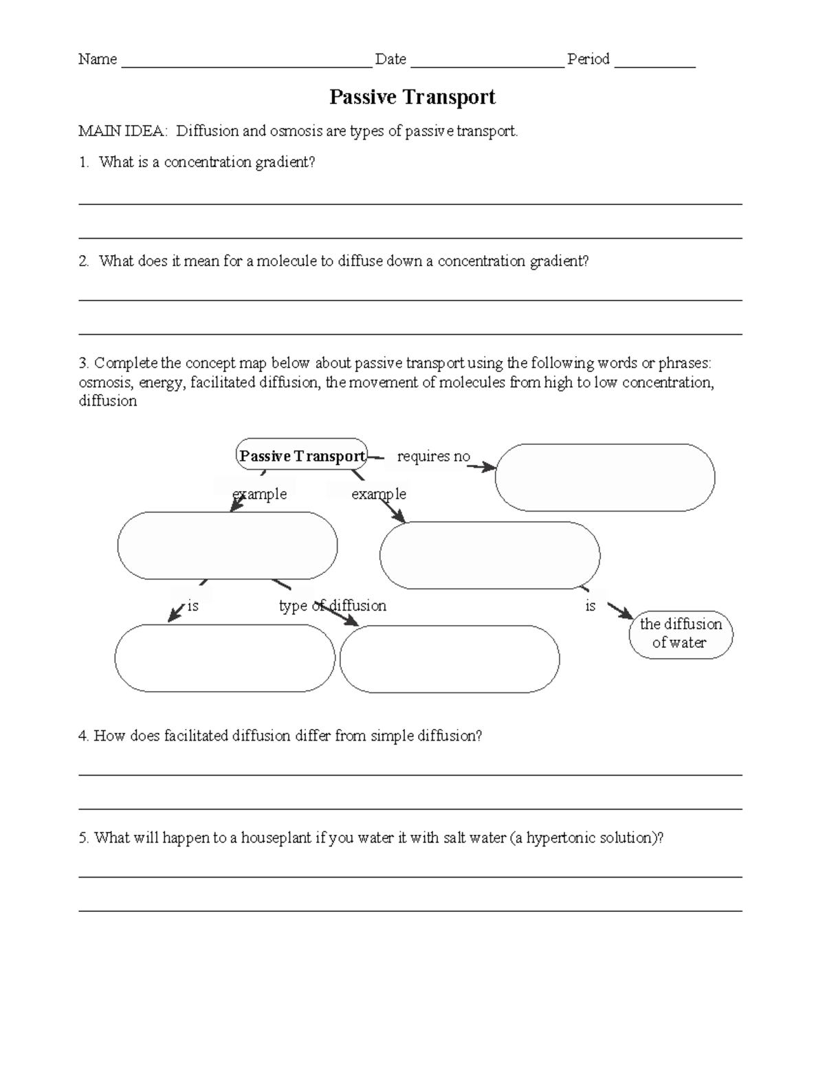 Passive and Active Transport Worksheet - Name ...