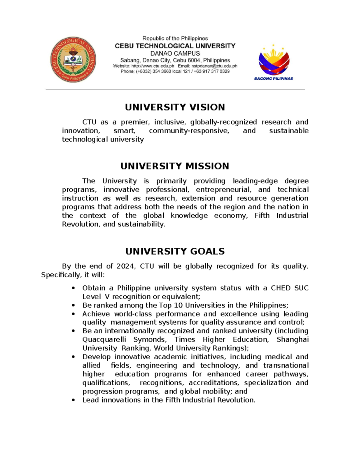 05VMGO Revised - None - UNIVERSITY VISION CTU as a premier, inclusive ...
