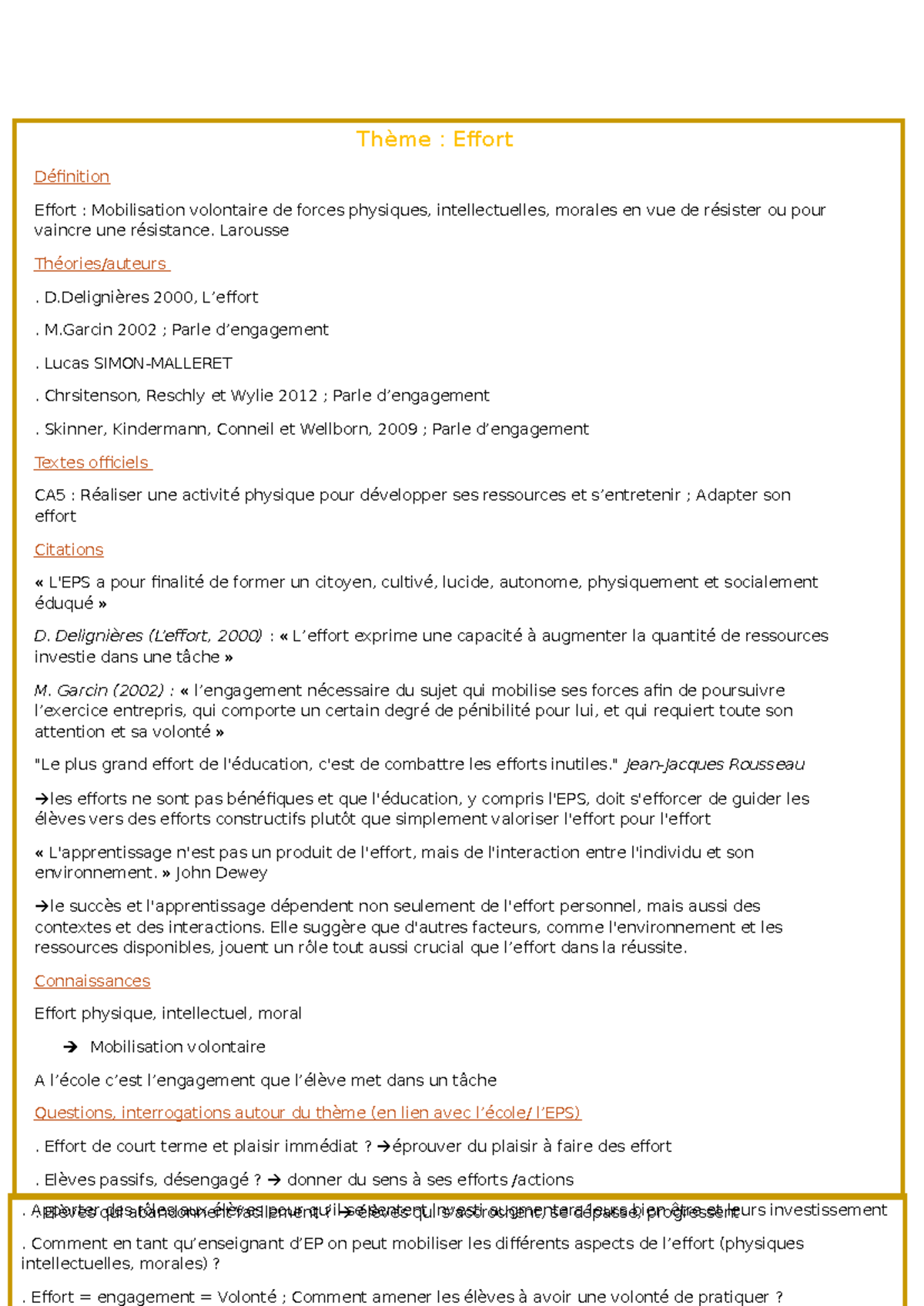 Thème d'étude sur l'Effort en EPS : Théories et Citations Essentielles - Studocu