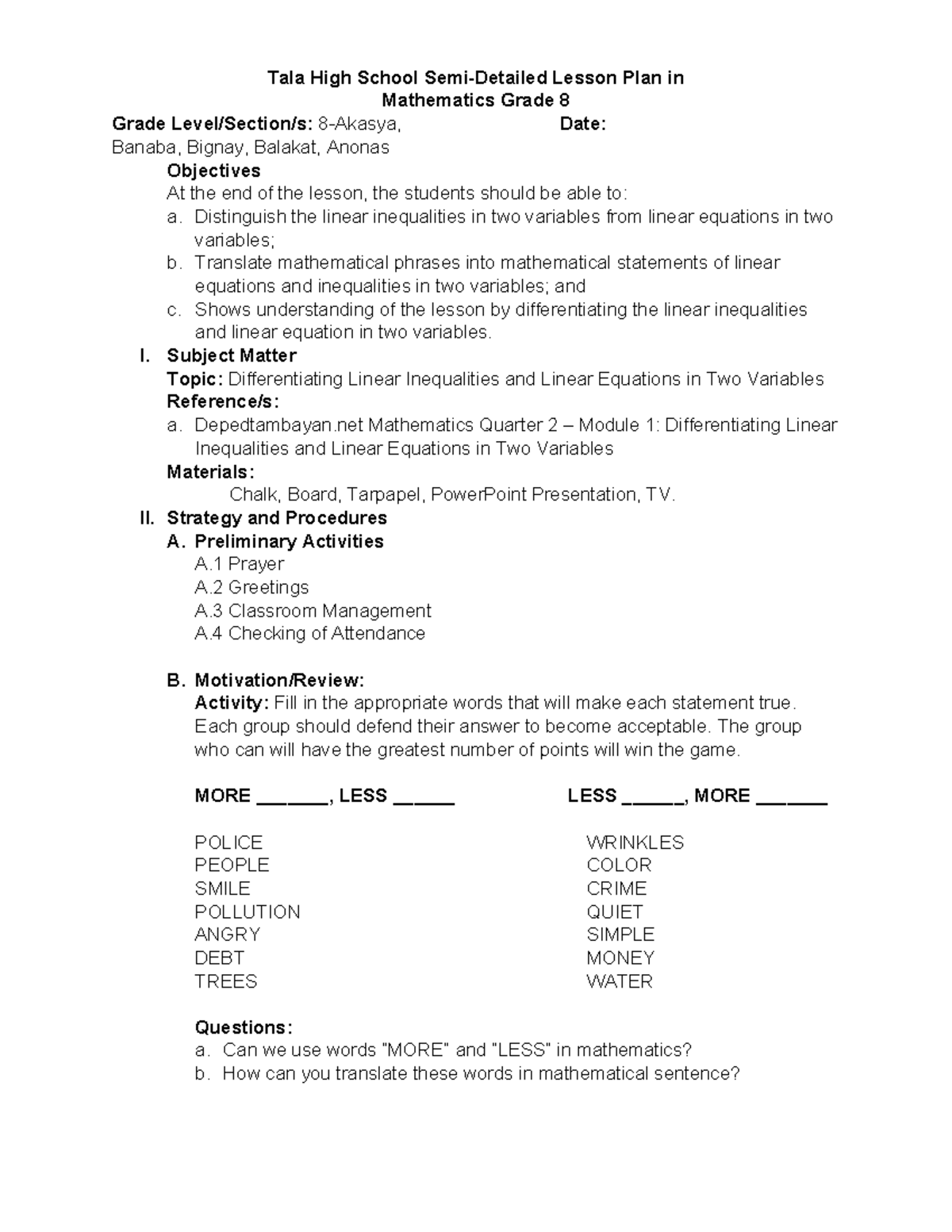 Tala High School Lesson Plan: Differentiating Linear Inequalities ...