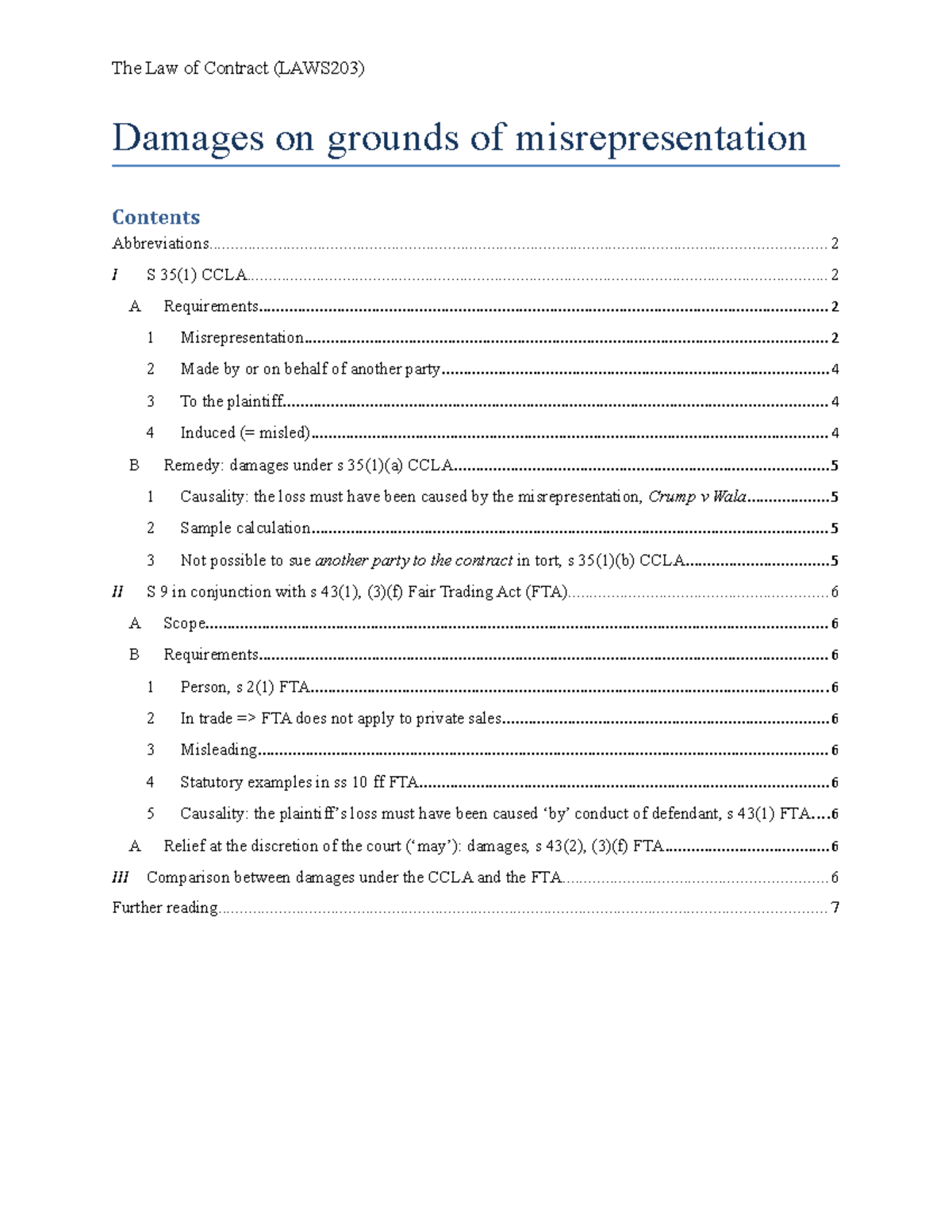 Handout Misrepresentation - Damages on grounds of misrepresentation ...