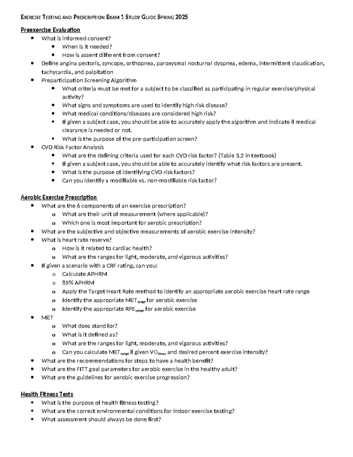 ETP Exam 1 Study Guide SP25 - EXERCISE TESTING AND PRESCRIPTION EXAM 1 ...