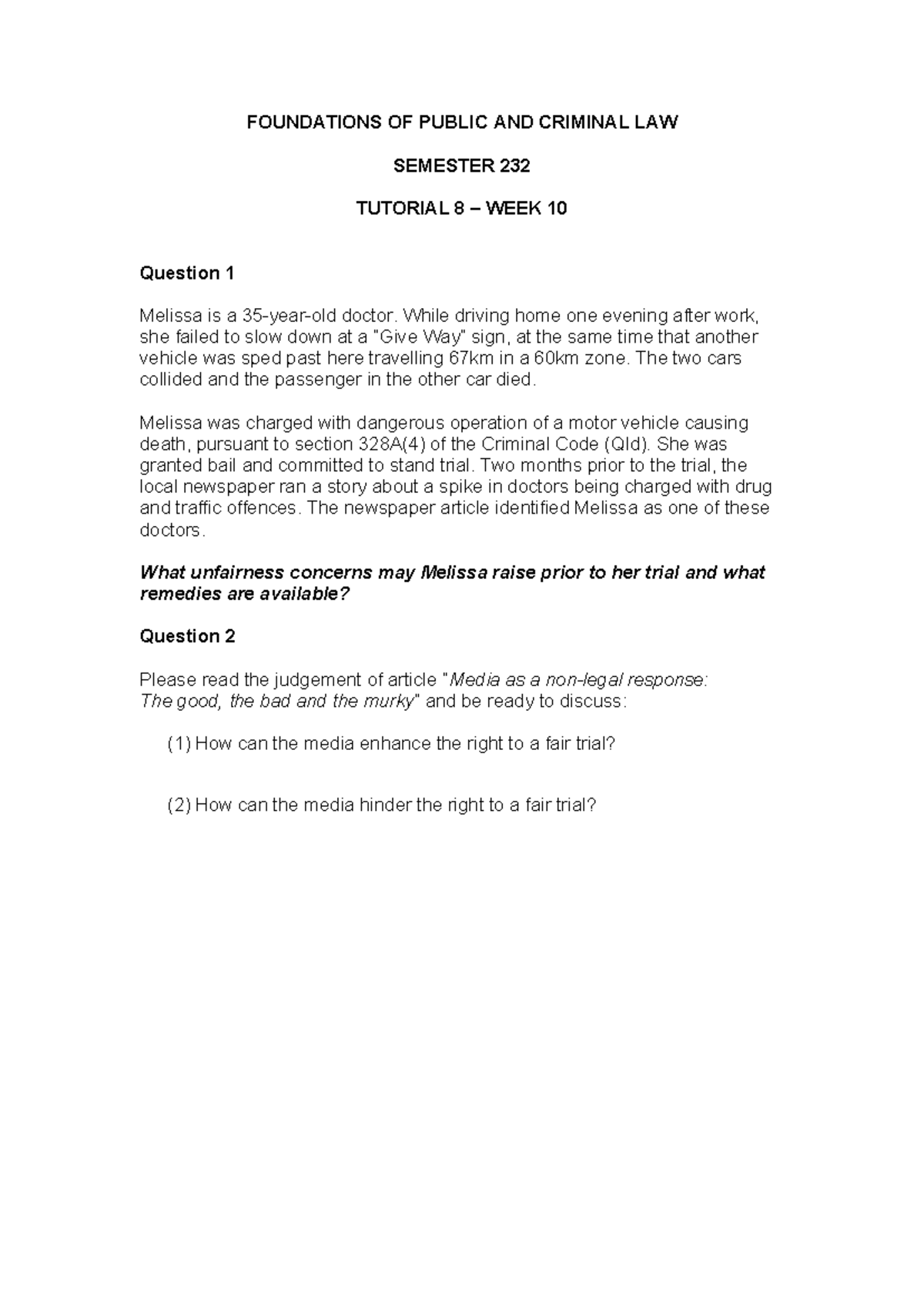 Tut 8 - Week 10: Foundations of Public & Criminal Law (Sem 232) - Studocu