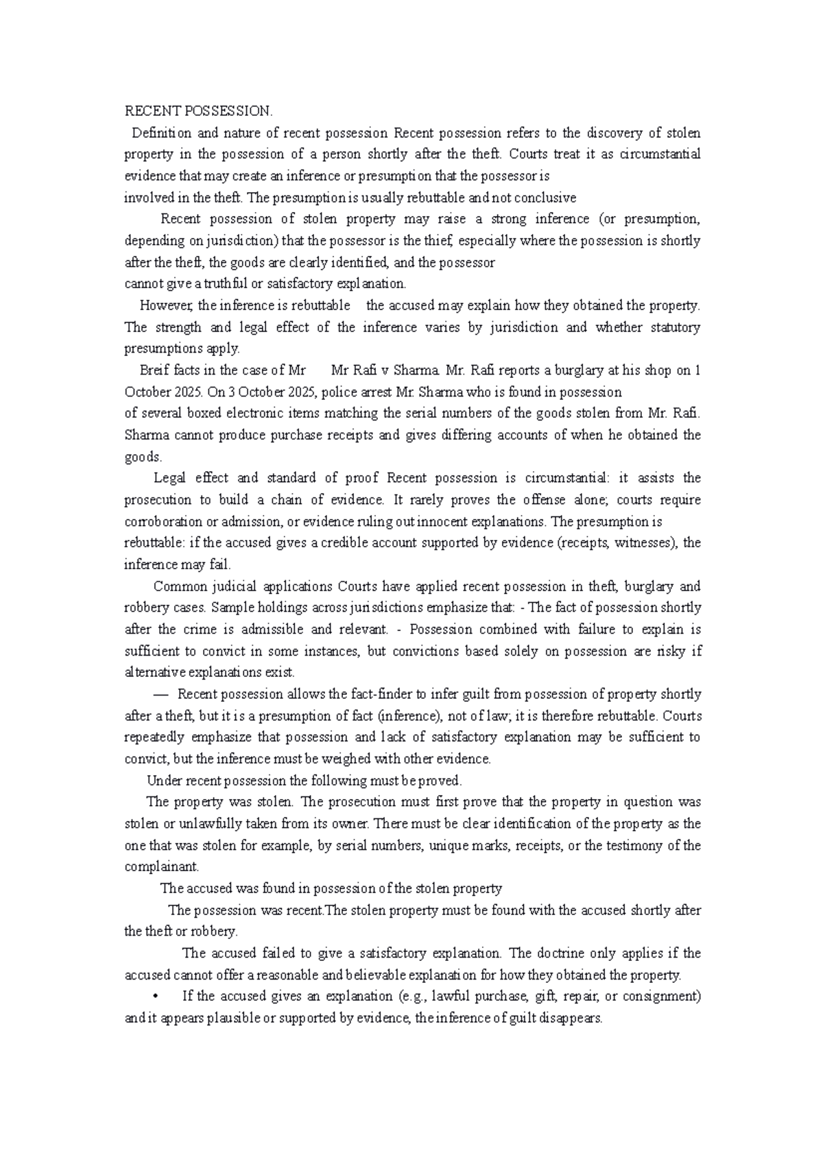 Recent Possession - Lecture Notes on Hudud Law - Studocu