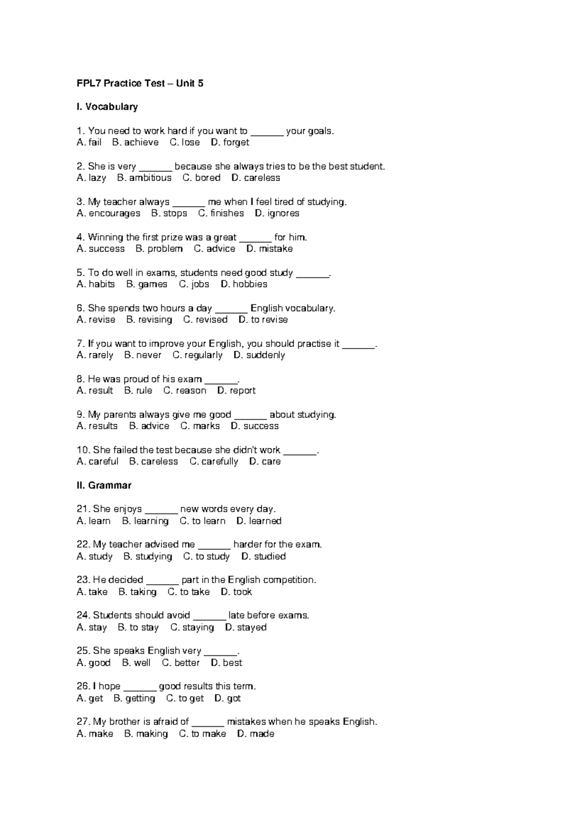 FPL7 Practice Test Unit 5: Vocabulary & Grammar MC - Studocu