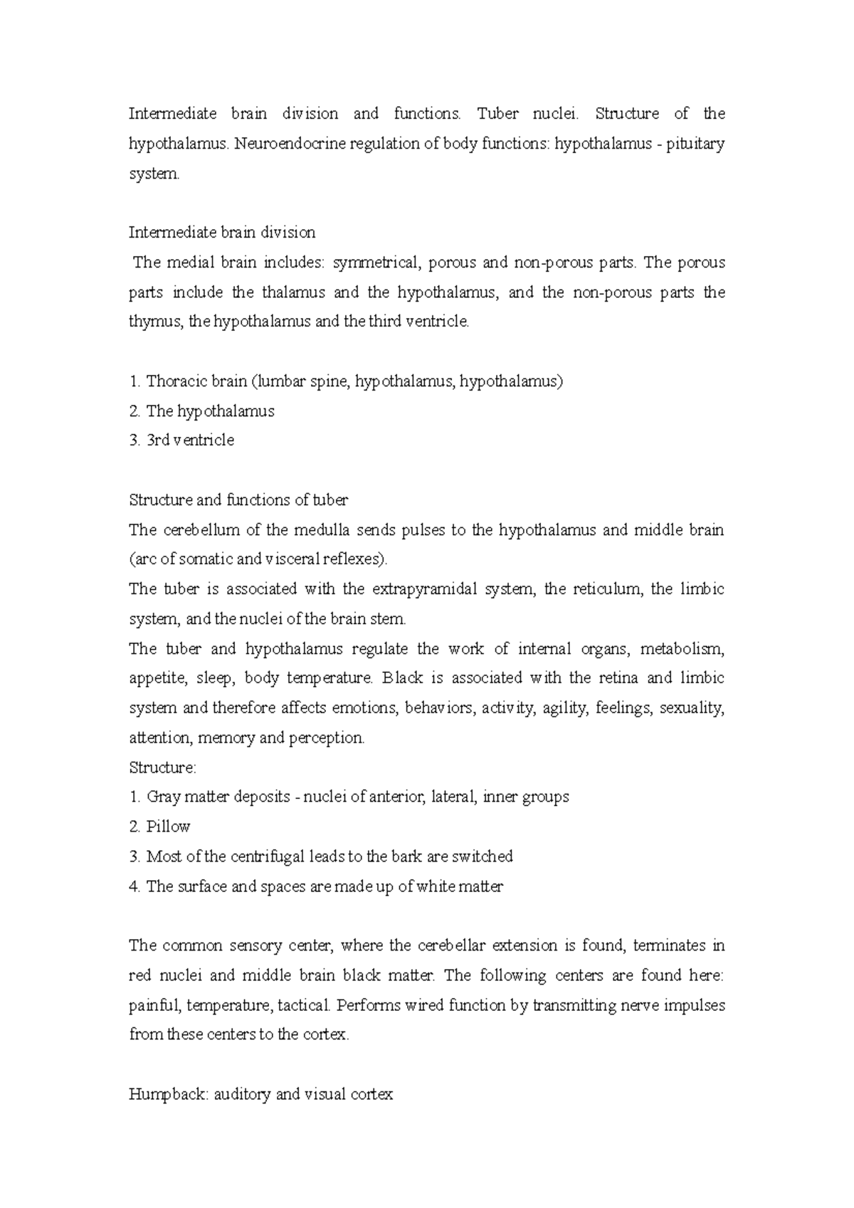 Intermediate brain division and functions. Tuber nuclei. Structure of ...