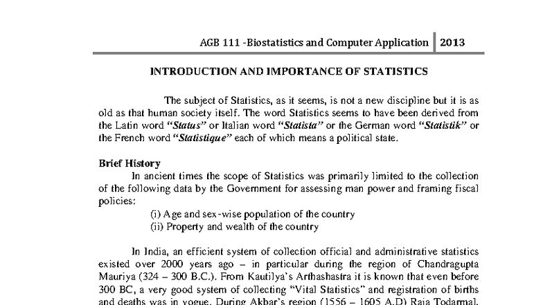 AGB 2013: Introduction to Statistics and Data Collection Methods - Studocu