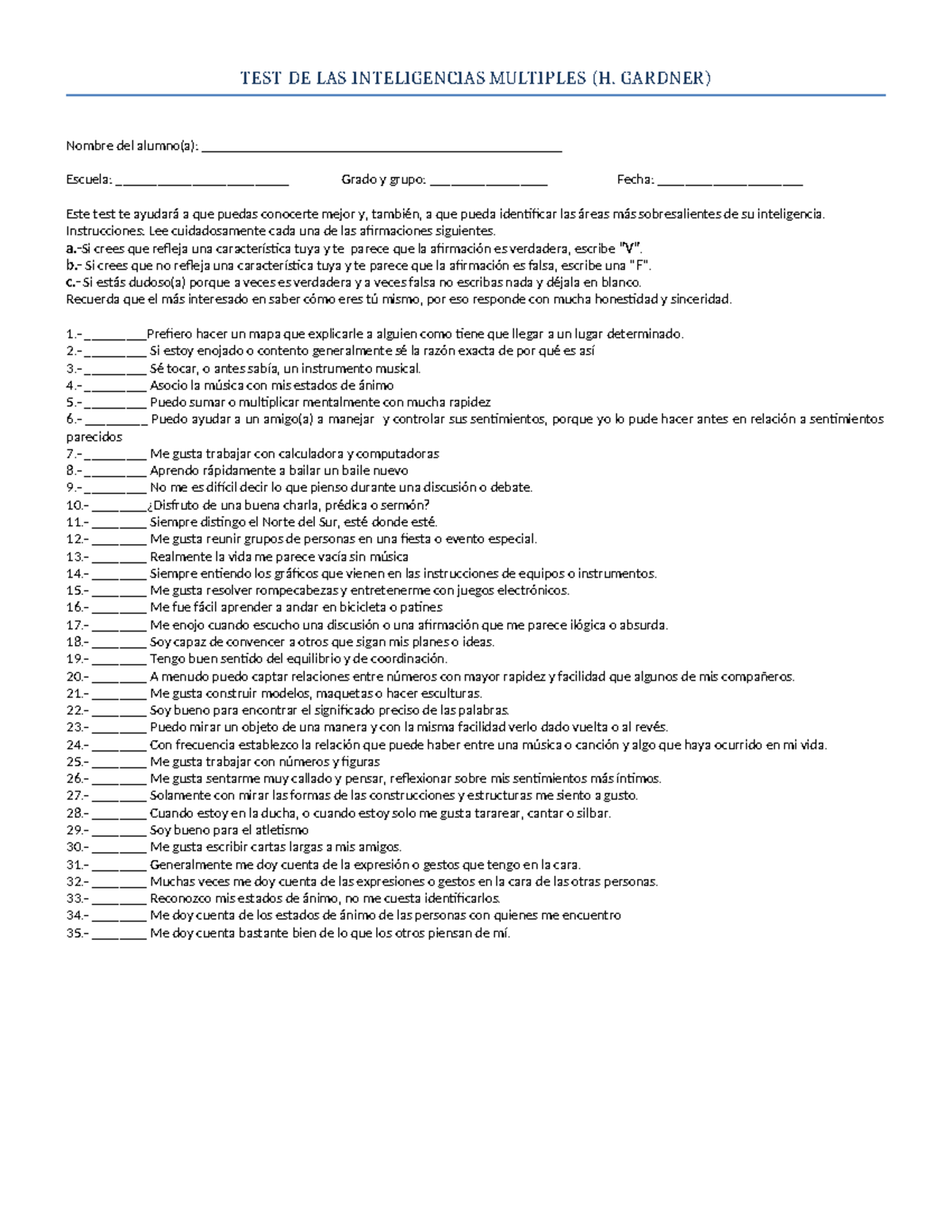 Test de Inteligencias Múltiples (H. Gardner) - Evaluación Personal ...